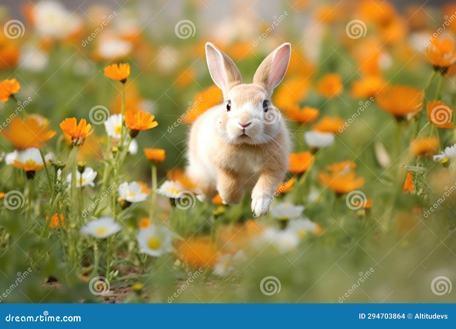Rabbit Hopping through a Field of Summer Flowers Stock Photo - Image of ...