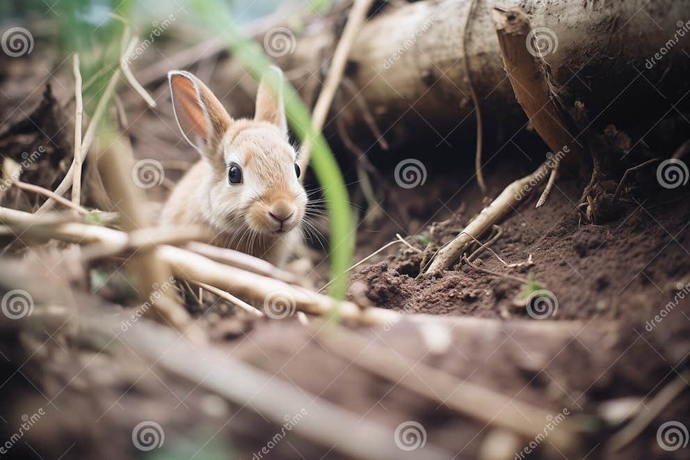 Rabbit Inside Burrow Peering Out Stock Photo - Image of entrance ...