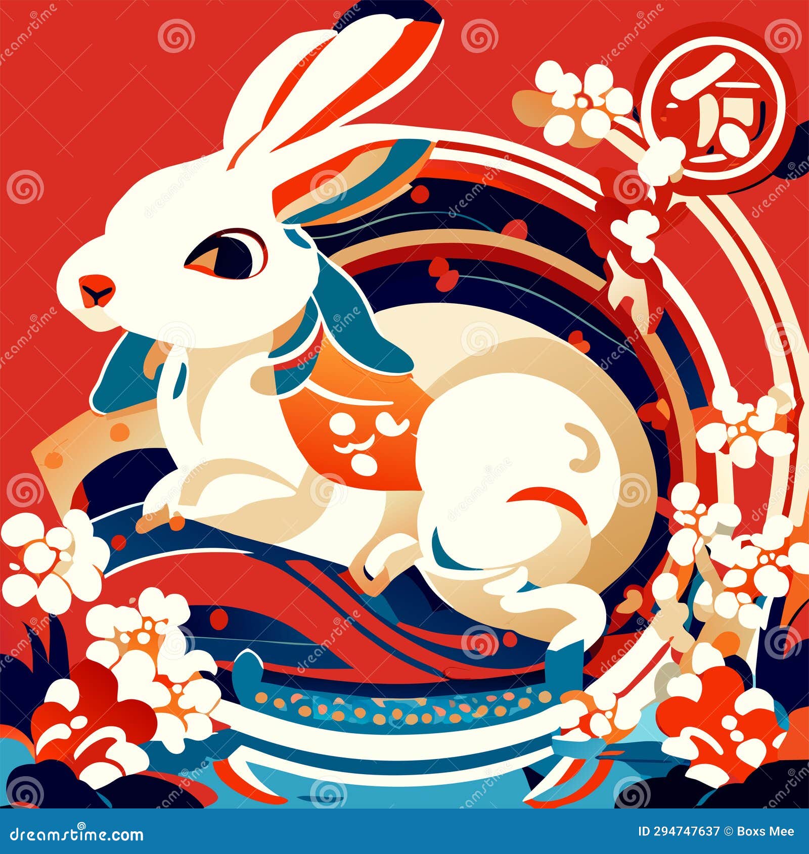 Rabbit and Japanese Pattern Background, Vector Illustration ...