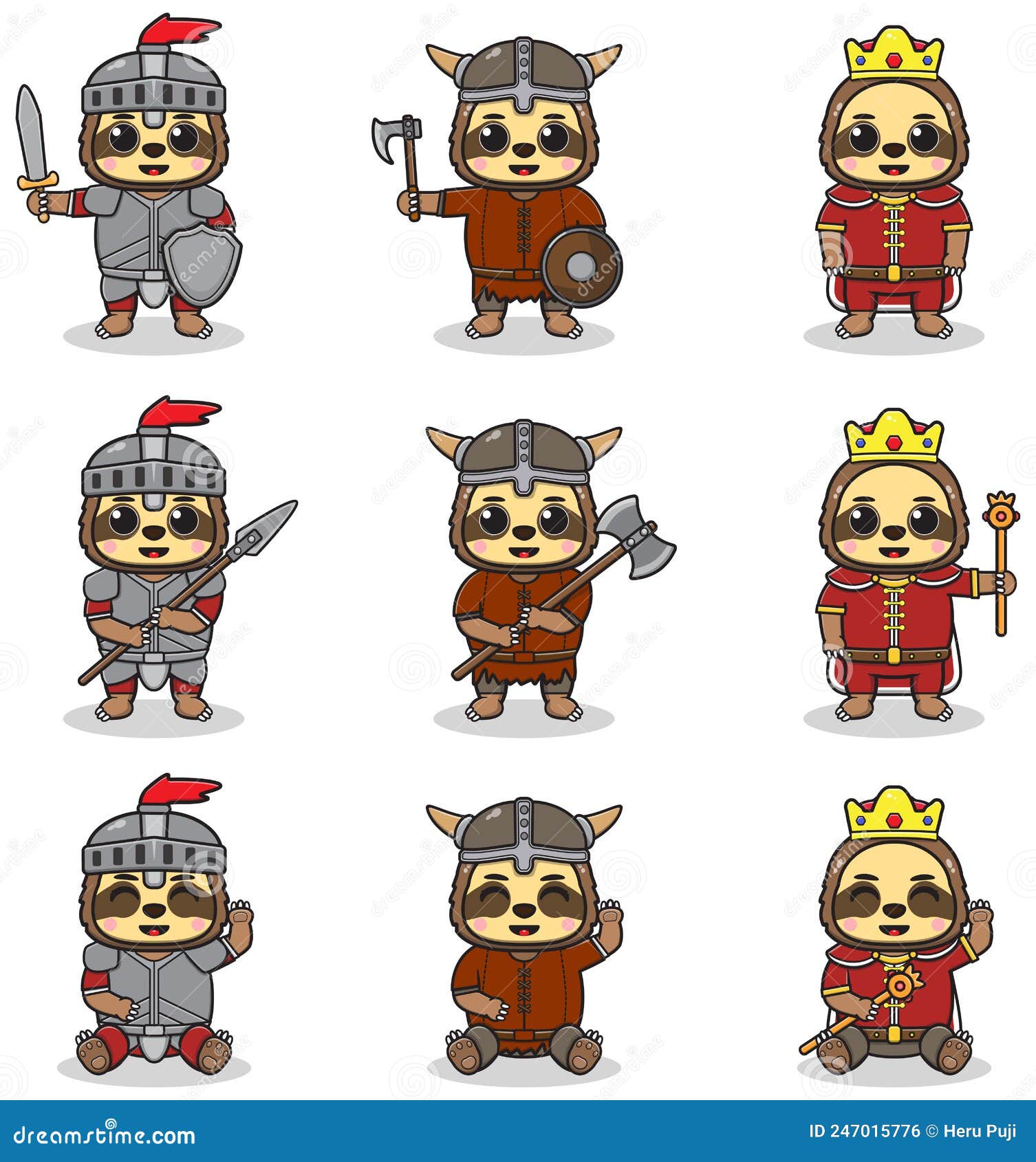 Vector Illustrations Of Sloth Characters In Various Medieval Outfits ...