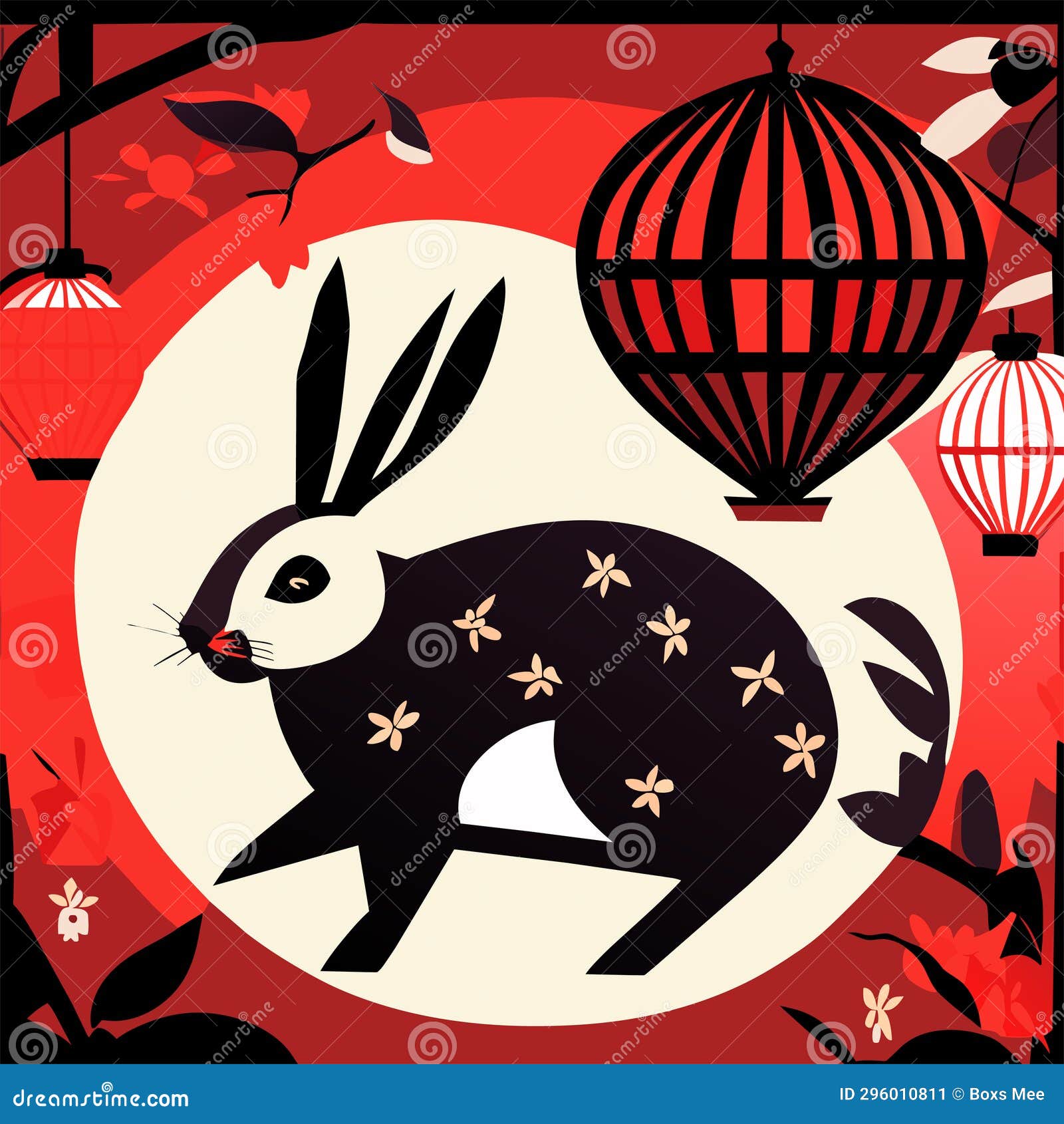 Rabbit and Lanterns on a Red Background. Vector Illustration Stock ...
