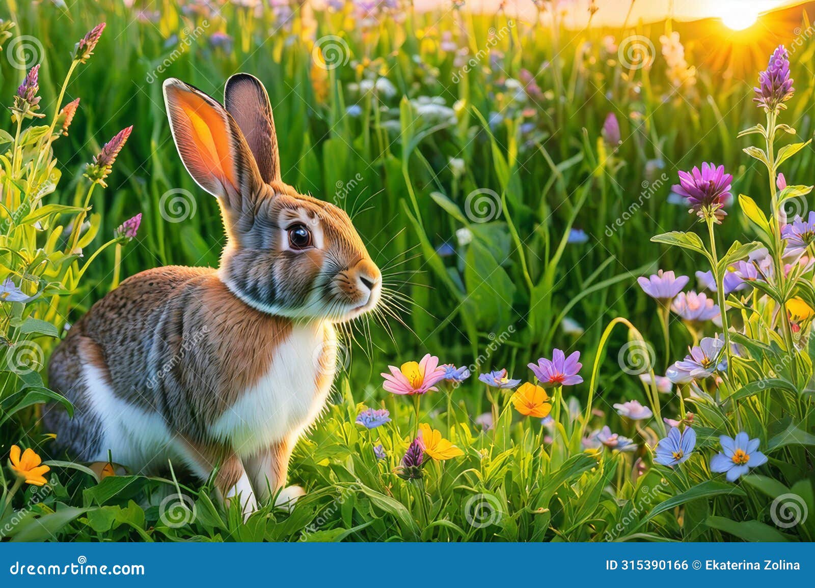 Rabbit on the Lawn with Flowers at Sunset Stock Photo - Image of spring ...