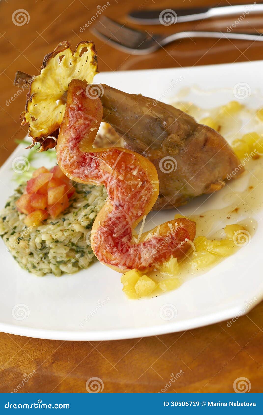 Rabbit Leg with Green Risotto, Pineapple Sauce and Bread Sausage Stock ...