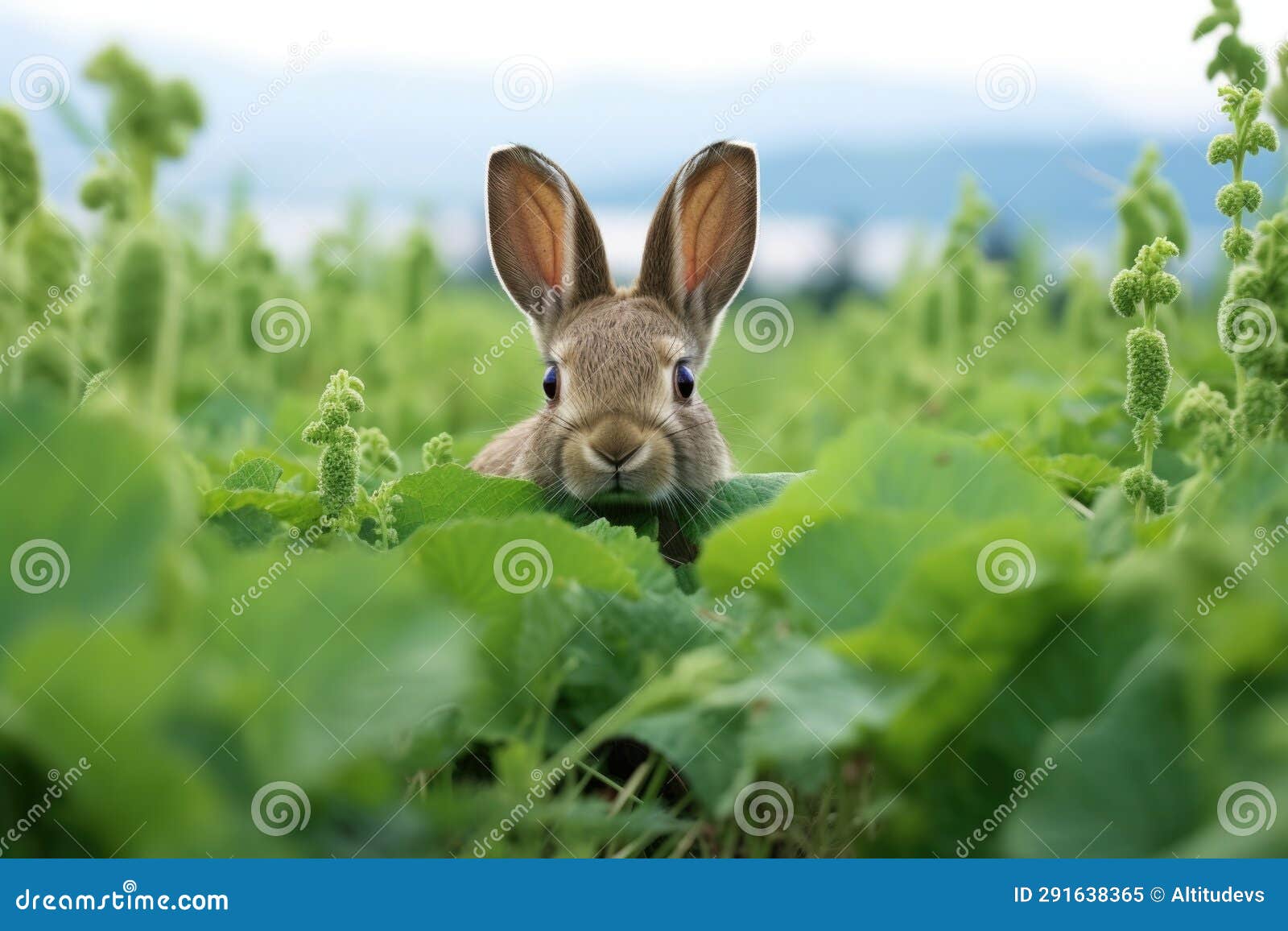 Rabbit with Long Ears Perked Up, Alert, in a Green Field Stock Image ...