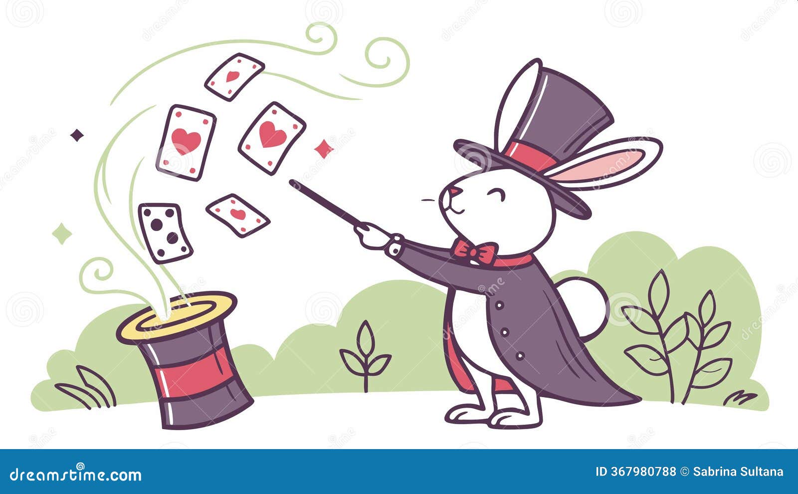 Rabbit In Magician Hat Coloring Book. Focus In Linear Style. Accessory ...