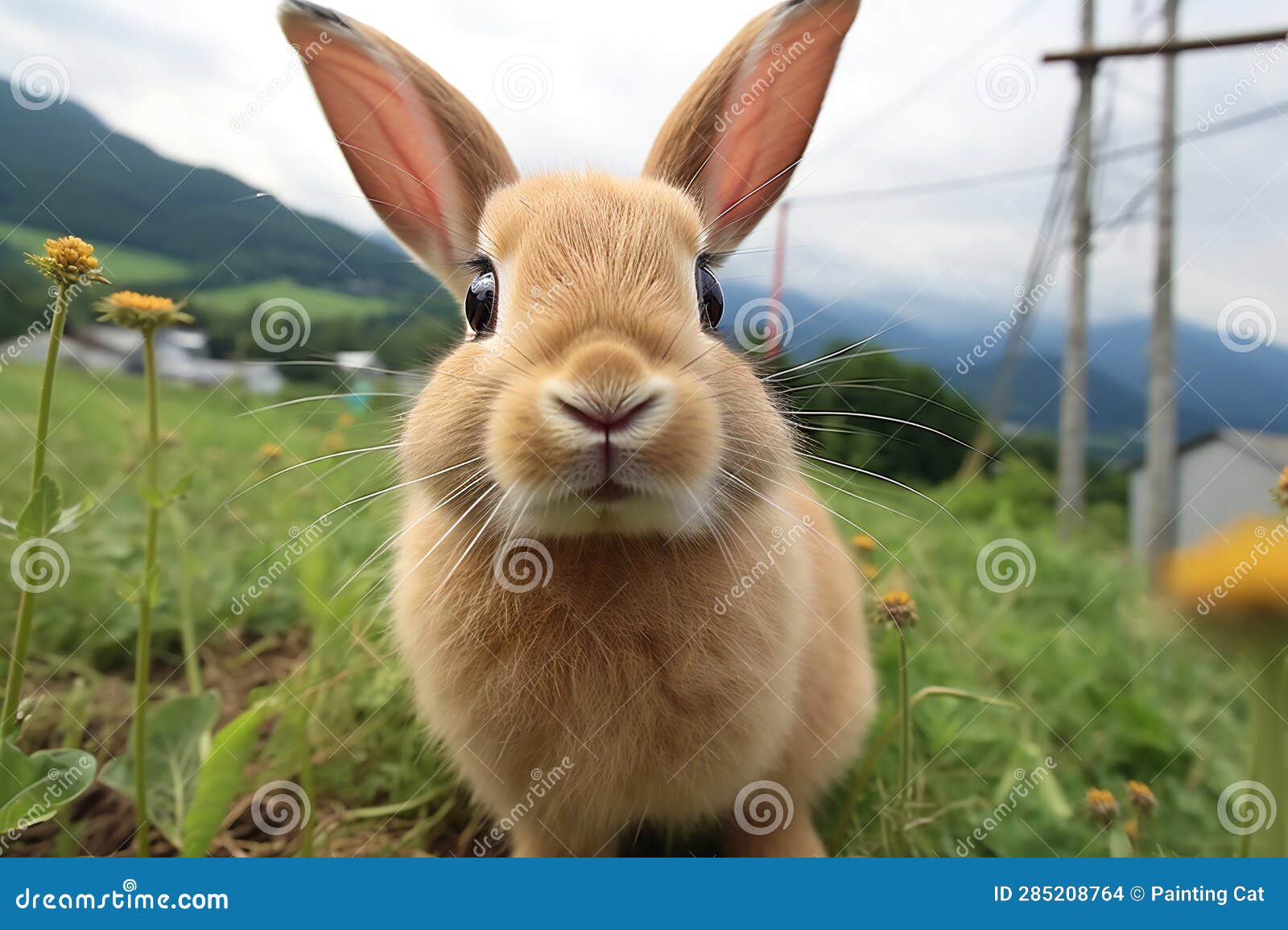 Rabbit in the Meadow on a Background of Mountains and Sky Stock ...