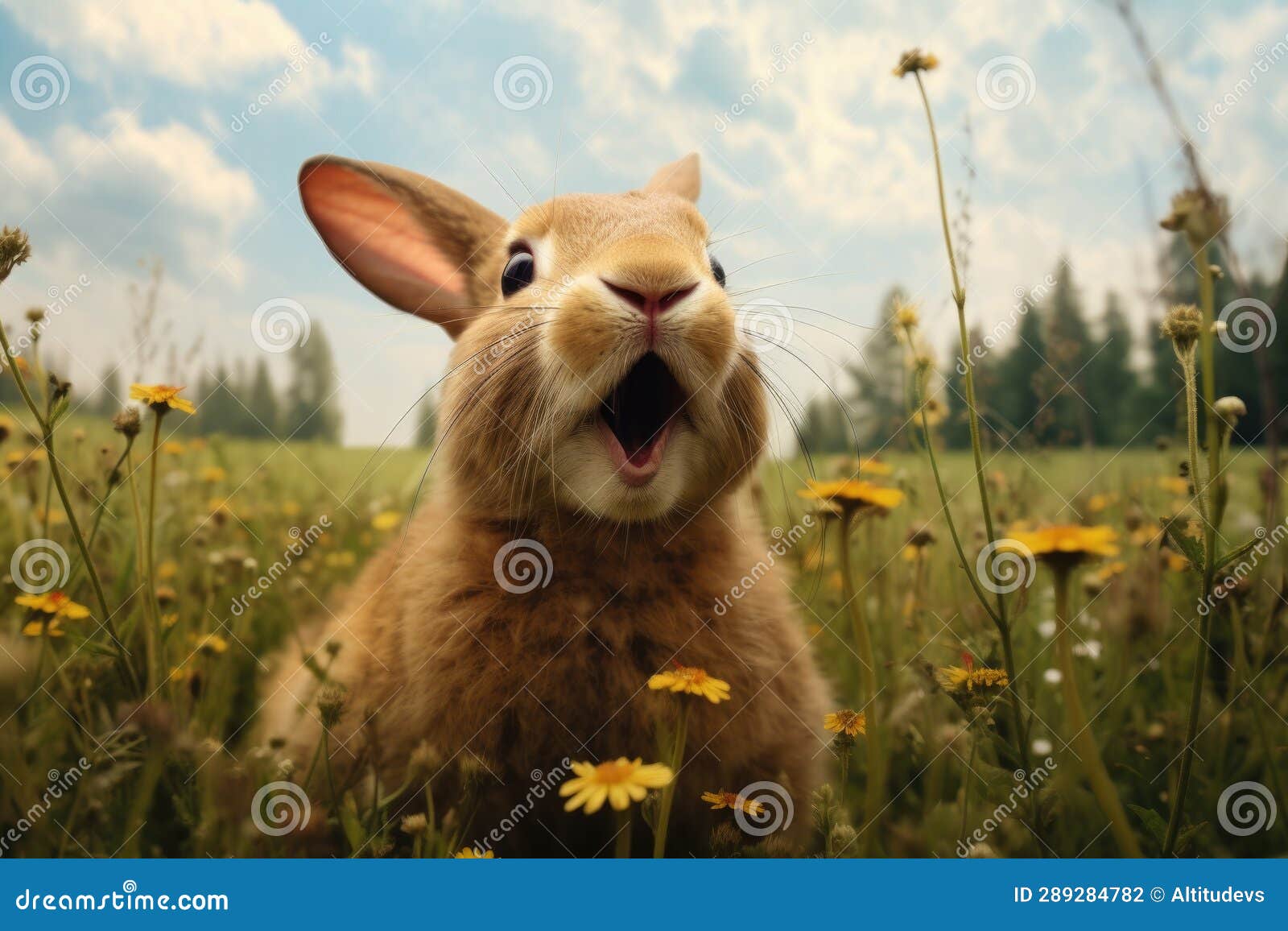 A Rabbit in a Meadow, Nose Twitching and Mouth Open Mid-sneeze Stock ...