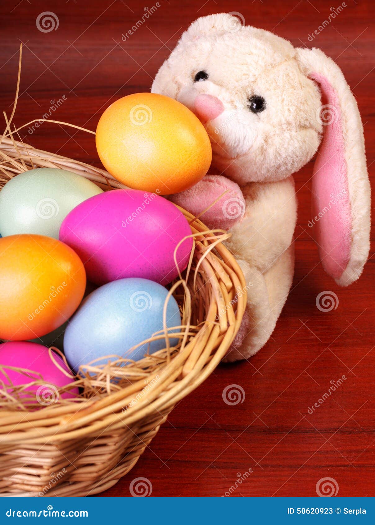 Rabbit Near Basket with Easter Eggs Stock Image - Image of rabbit ...