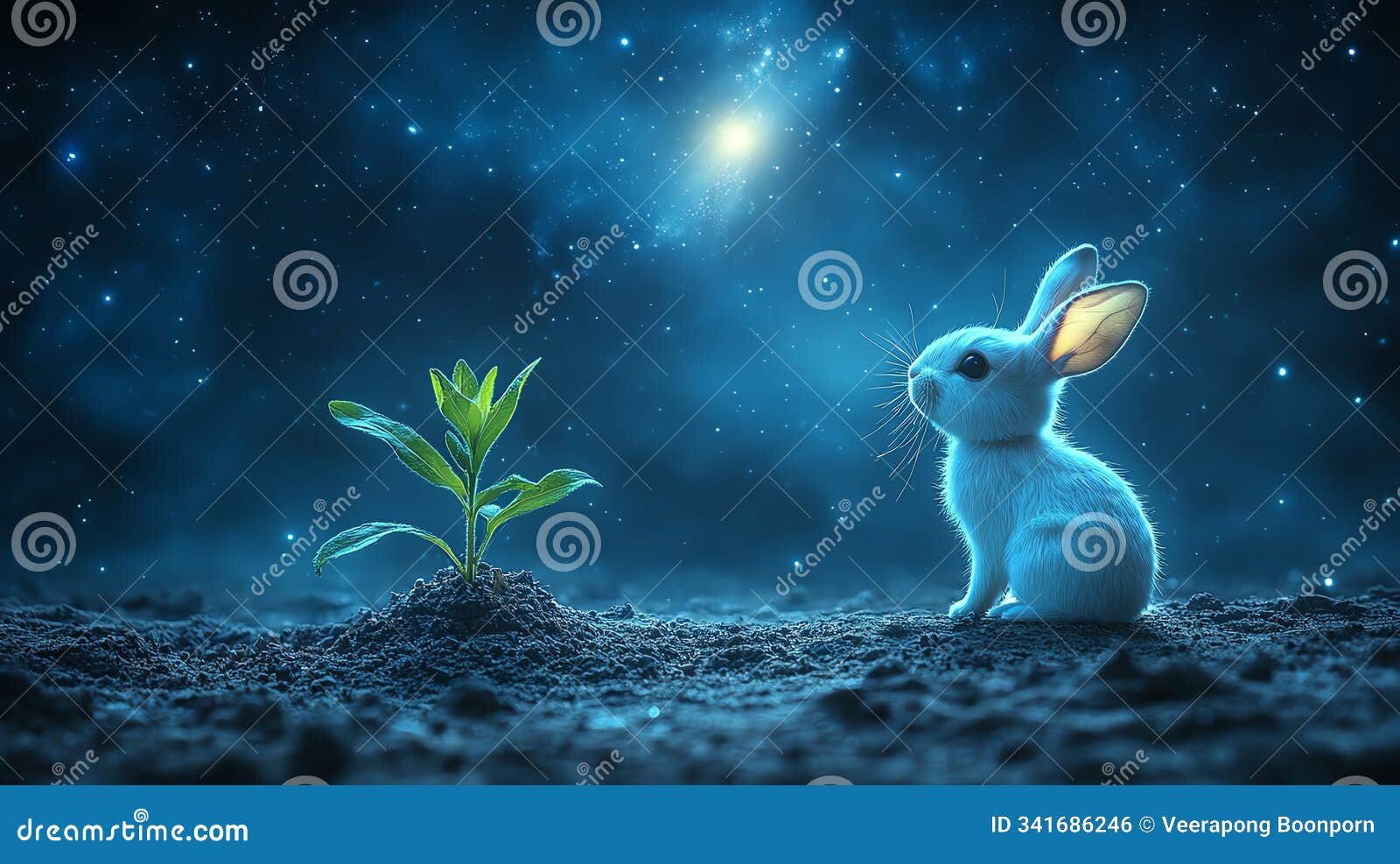 Rabbit Observing a Small Plant Under a Starry Night Sky, Magical ...