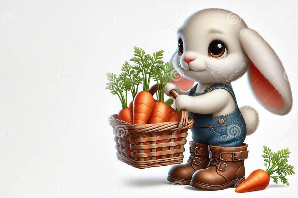 Rabbit in Overalls with a Basket of Carrots. Space for Text. Stock ...