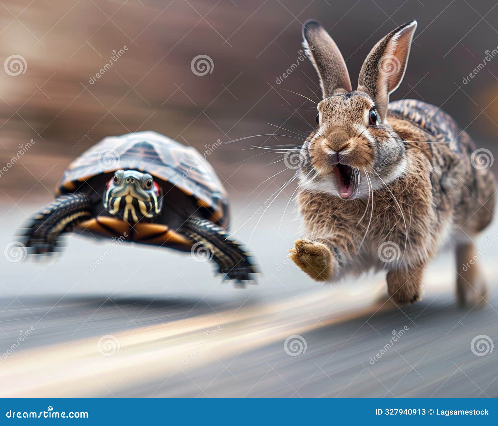 Rabbit Panting and Running Humorously Chasing a Turtle in a Fast Moving ...