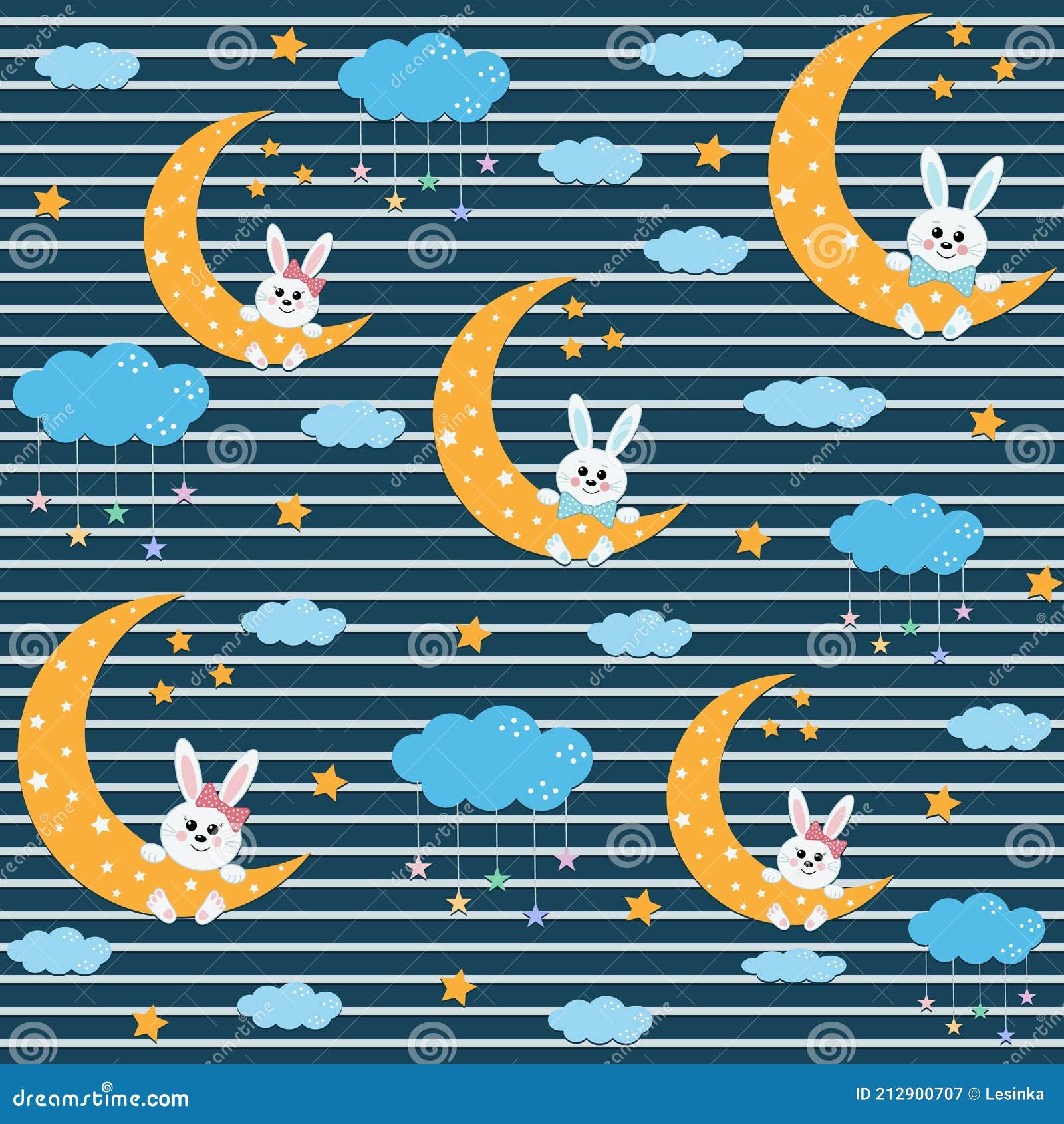 Rabbit Pattern on the Moon among the Clouds, Color Vector Illustration ...