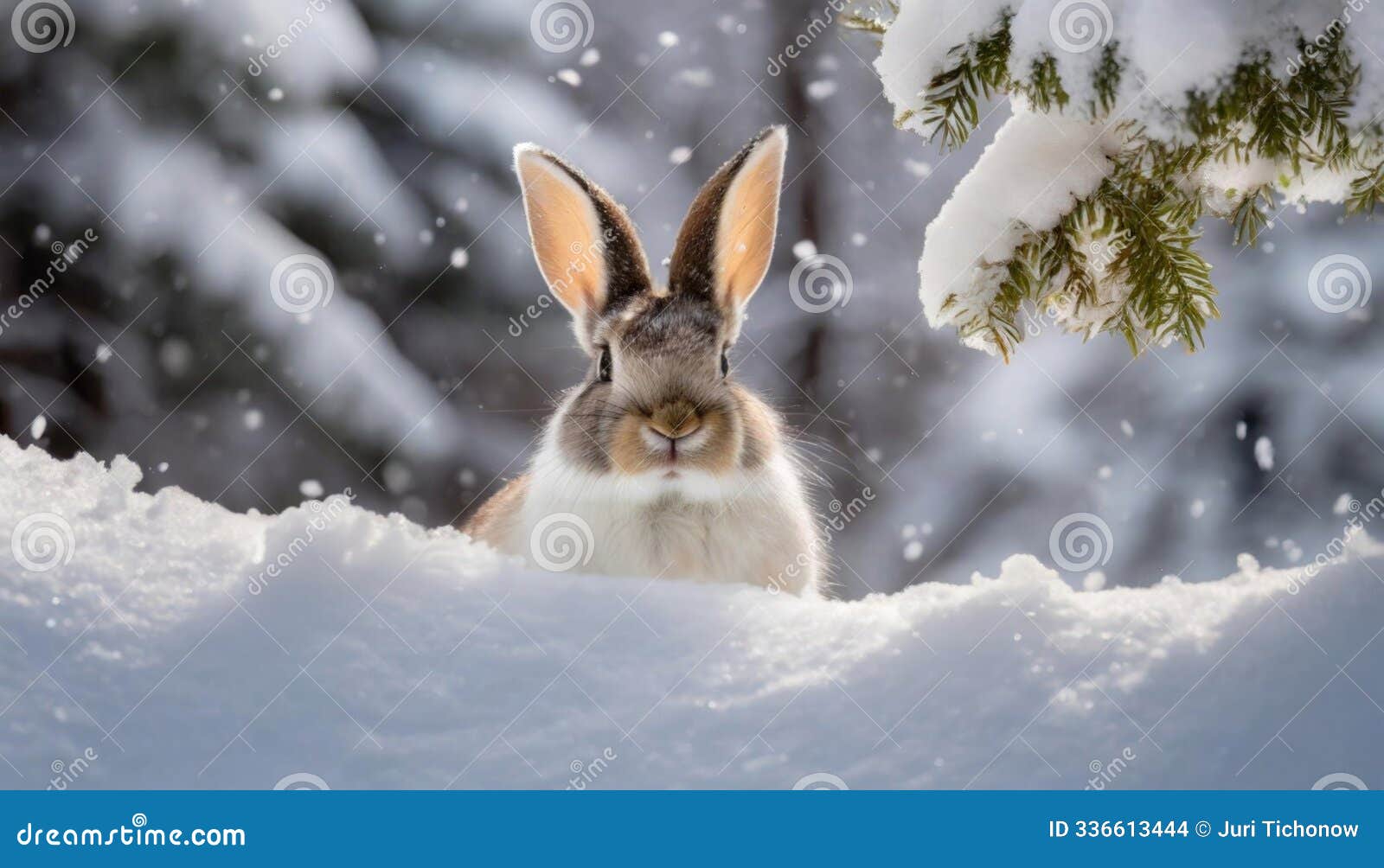 A Rabbit Peeking Over a Snow-covered Mound with Snowy Trees in the ...