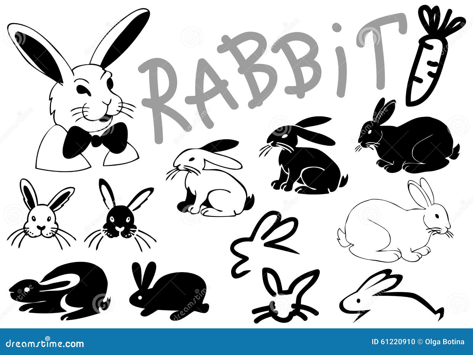 Set Of Different Rabbits Silhouettes On White Background. Including ...