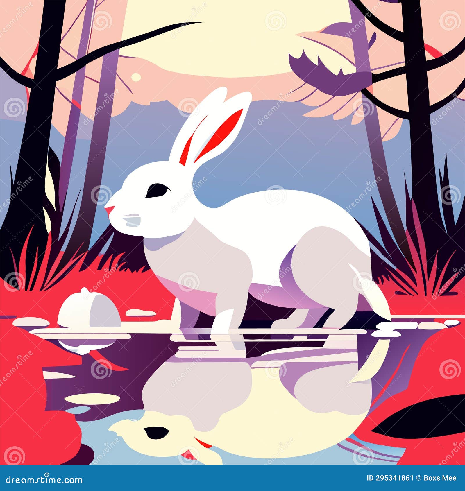 Rabbit in the Pond in the Forest at Sunset Vector Illustration Design ...