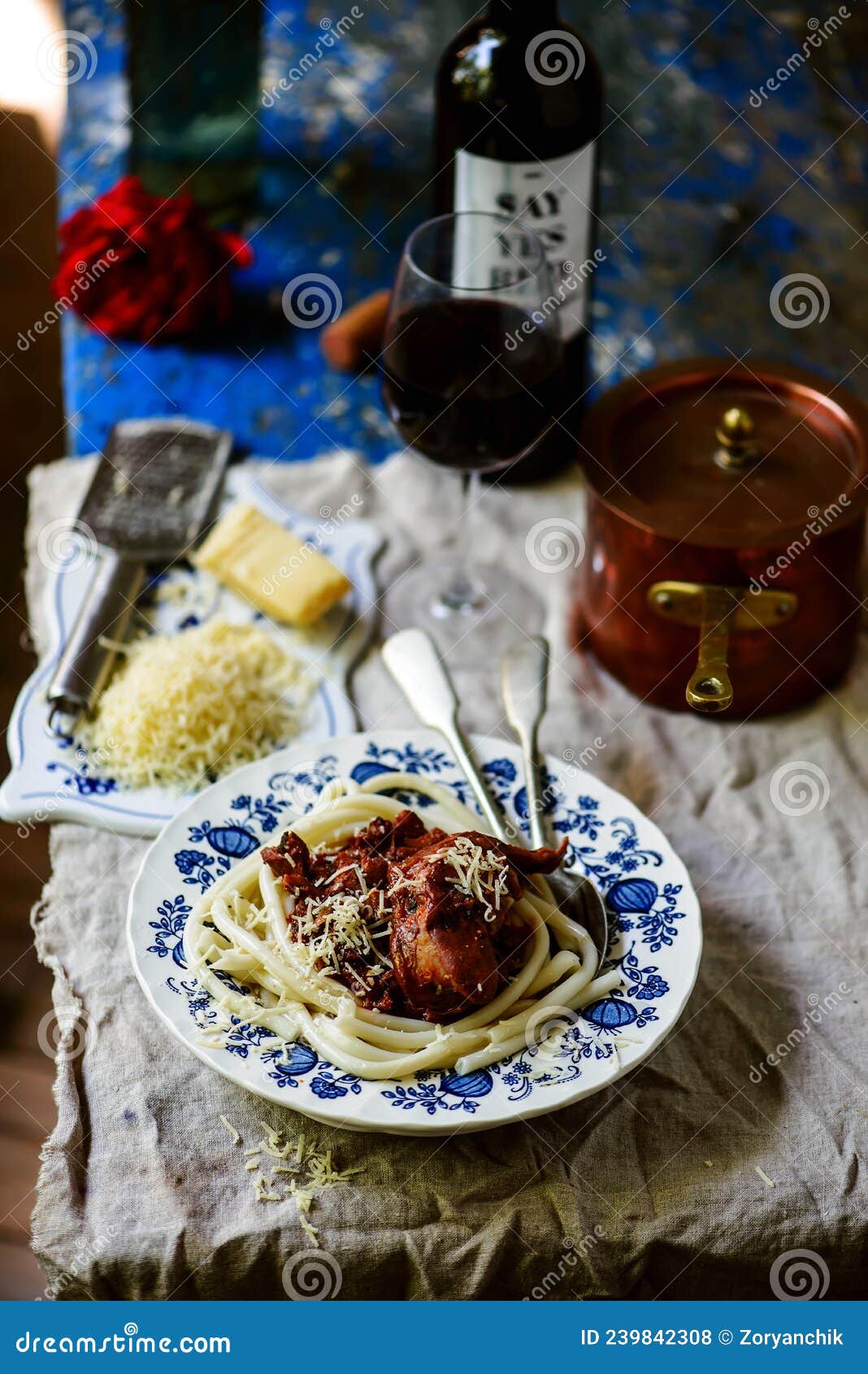 Rabbit rague with pasta. stock photo. Image of dish - 239842308