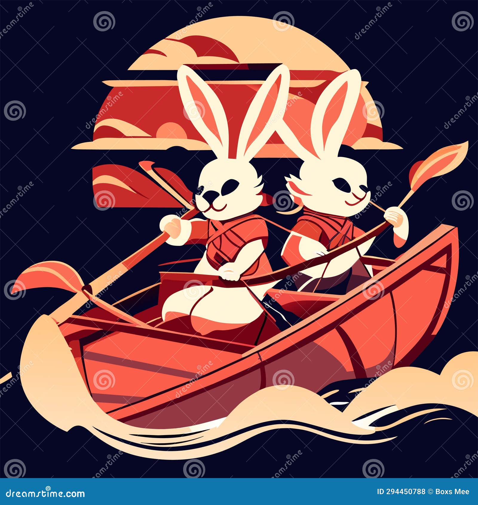 Rabbit Rowing in a Boat, Vector Cartoon Illustration Isolated on Dark ...