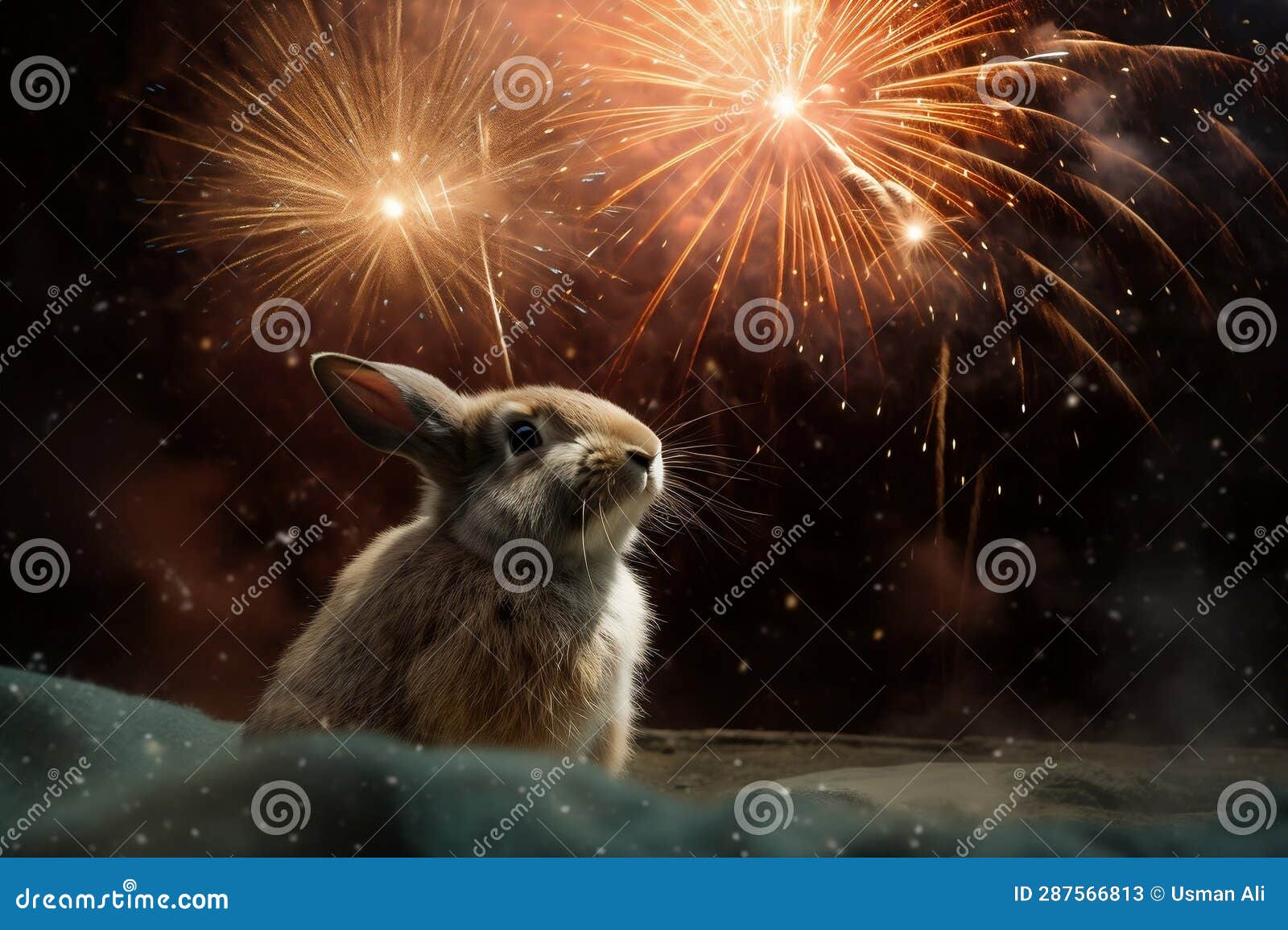 Rabbit S Curious Gaze at Bursting Fireworks. AI Stock Illustration ...