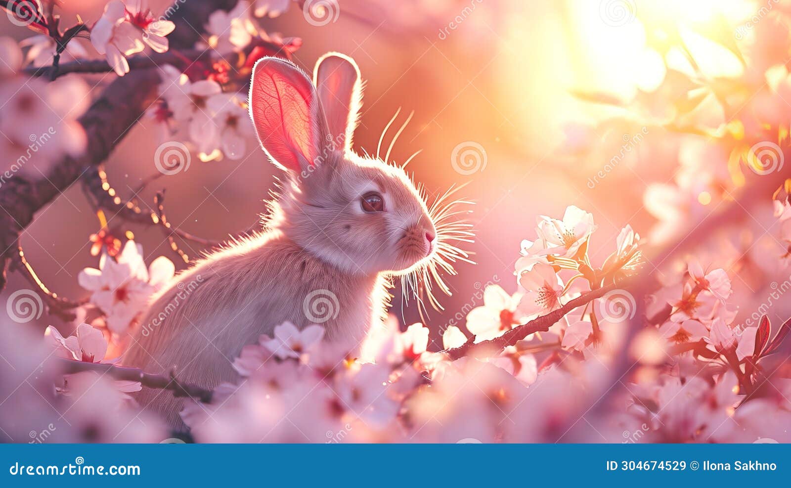 Rabbit among Sakura Flowers at Dawn Stock Illustration - Illustration ...