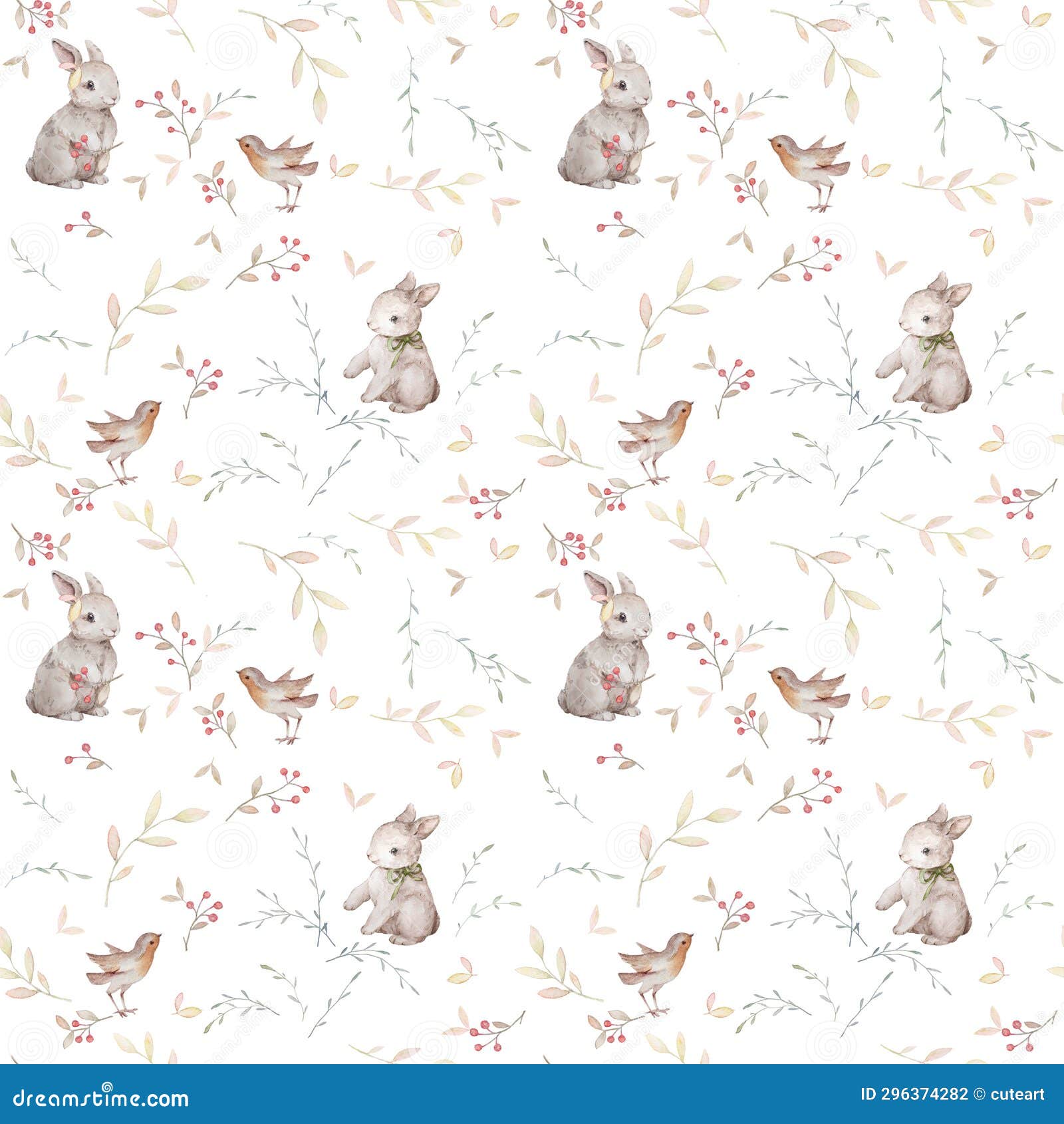 Rabbit Seamless Pattern, Robin Bird Watercolor Pattern, White ...