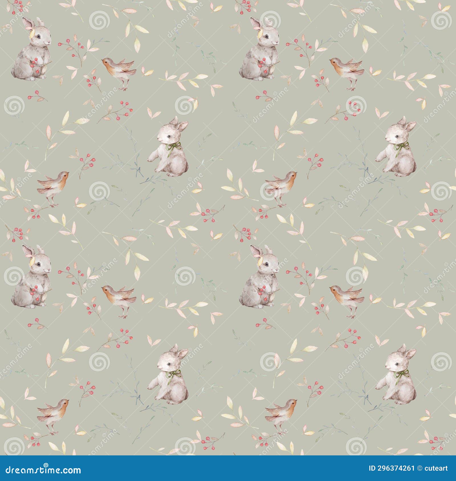 Rabbit Pattern, Robin Bird Pattern, Pastel Green Color Stock ...