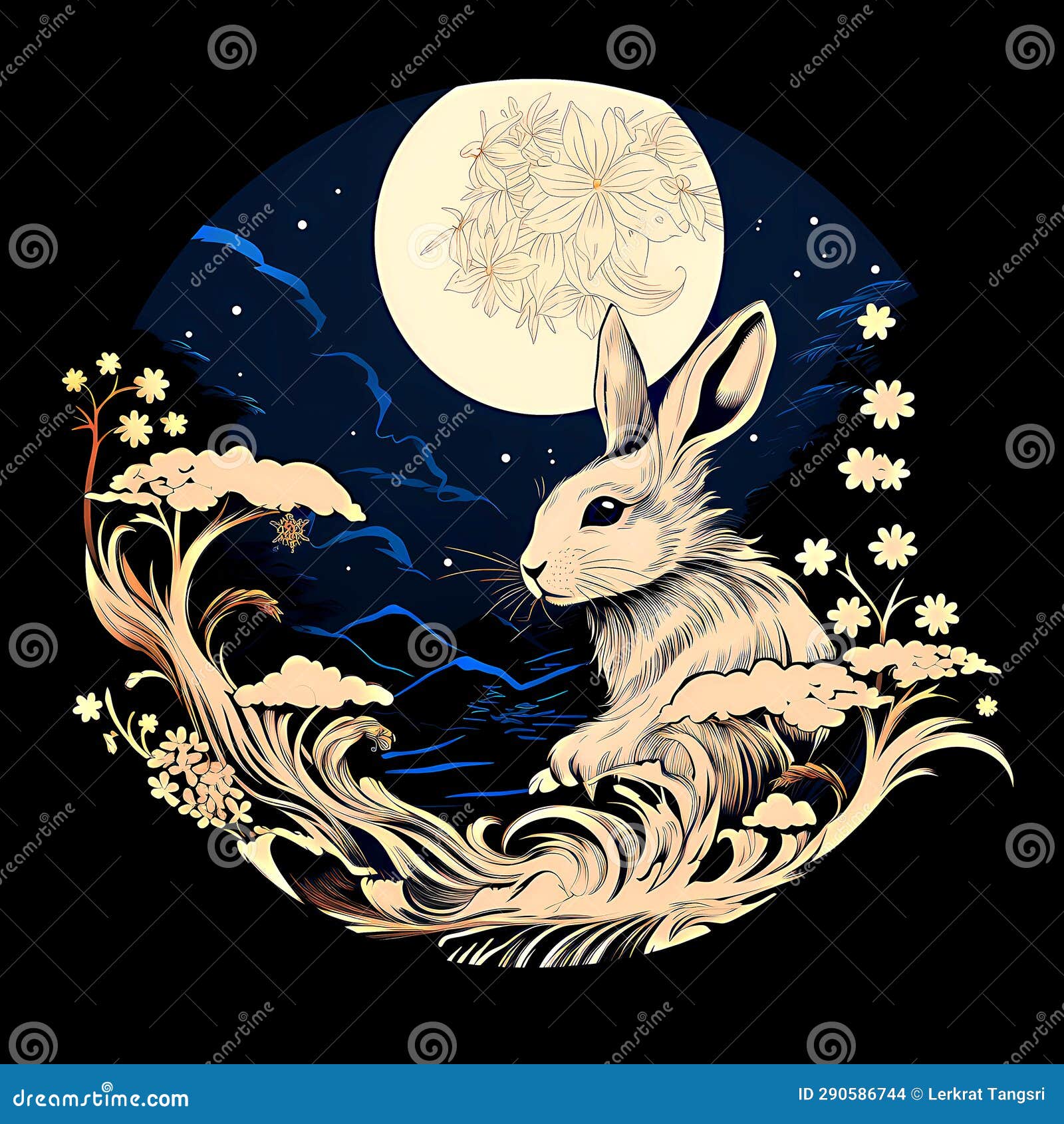 Rabbit shadow on blue moon stock illustration. Illustration of drawing ...