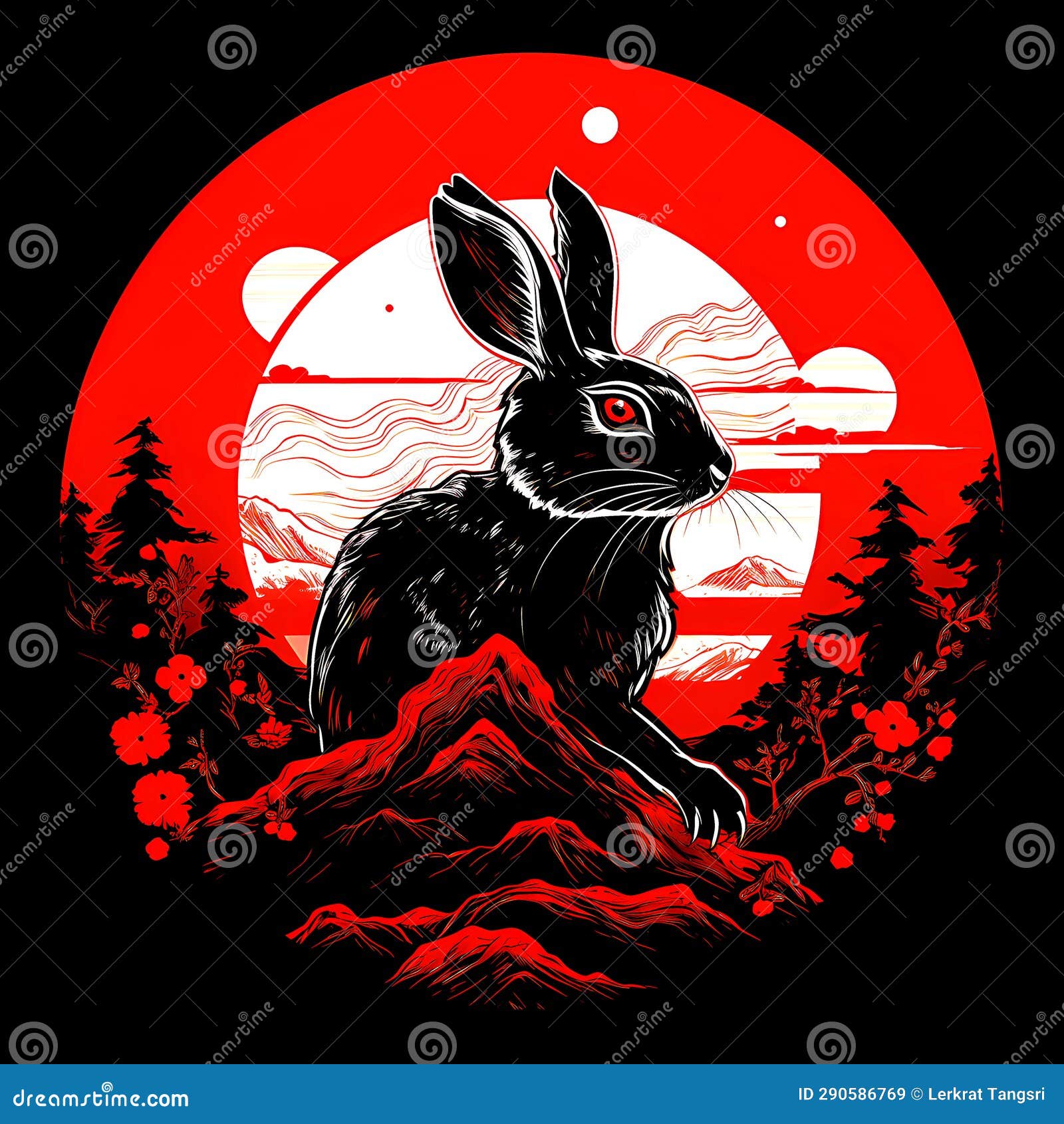 Rabbit shadow on red moon stock illustration. Illustration of poster ...