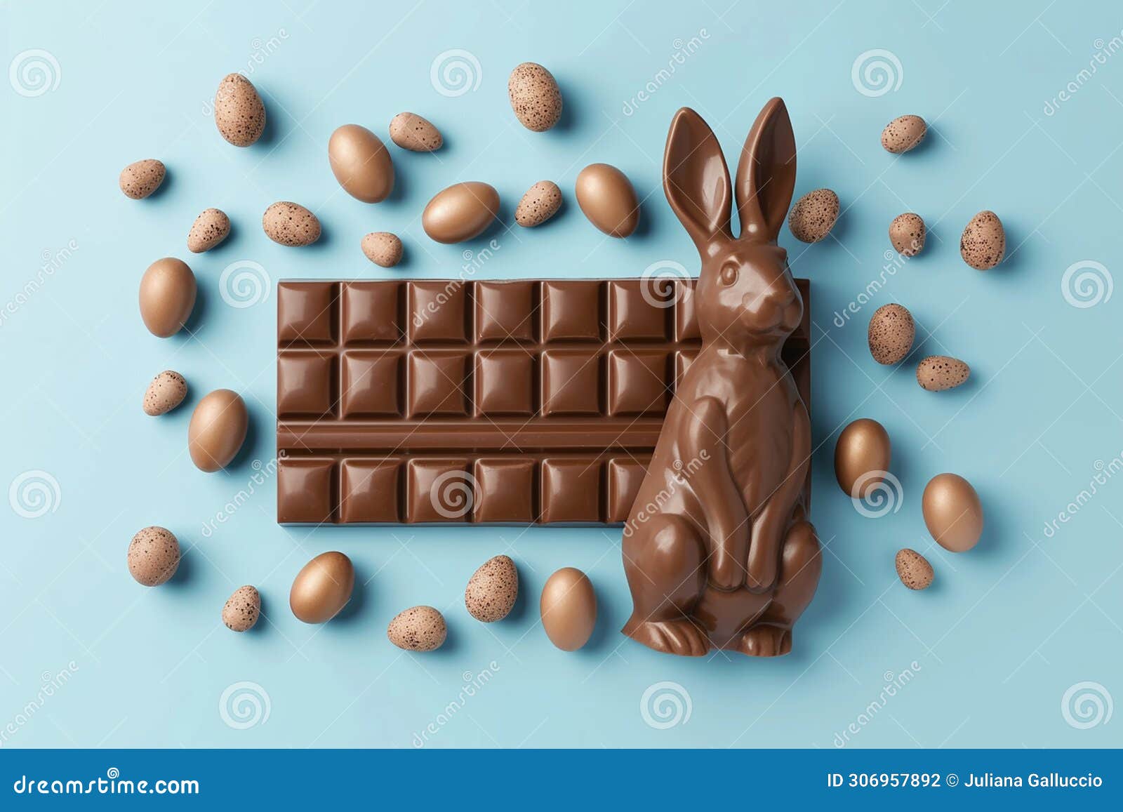 Rabbit Shaped Chocolate Bar with Easter Eggs Isolated Blue Stock Photo ...