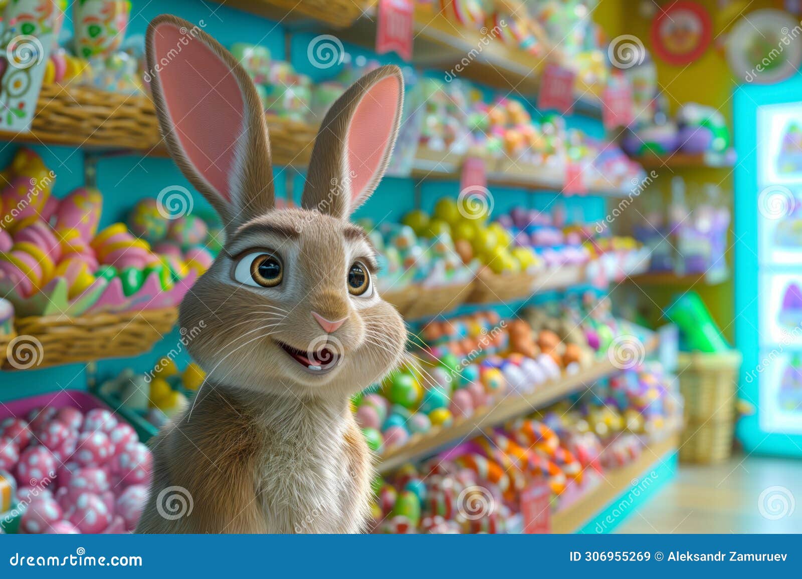 Rabbit Shopping for Easter Sweets and Eggs. Easter Cartoon Character ...