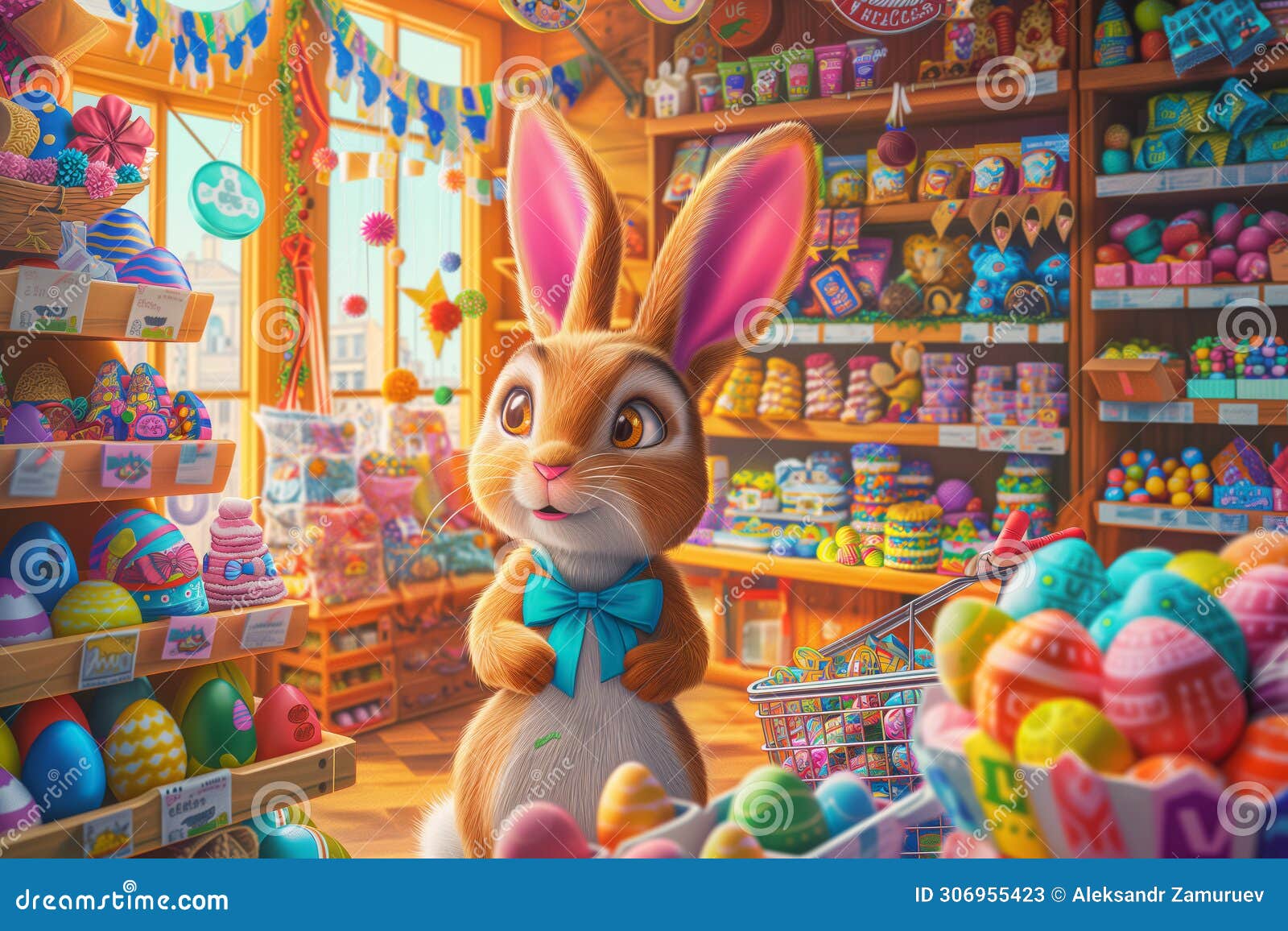 Rabbit Shopping for Easter Sweets and Eggs. Easter Cartoon Character ...