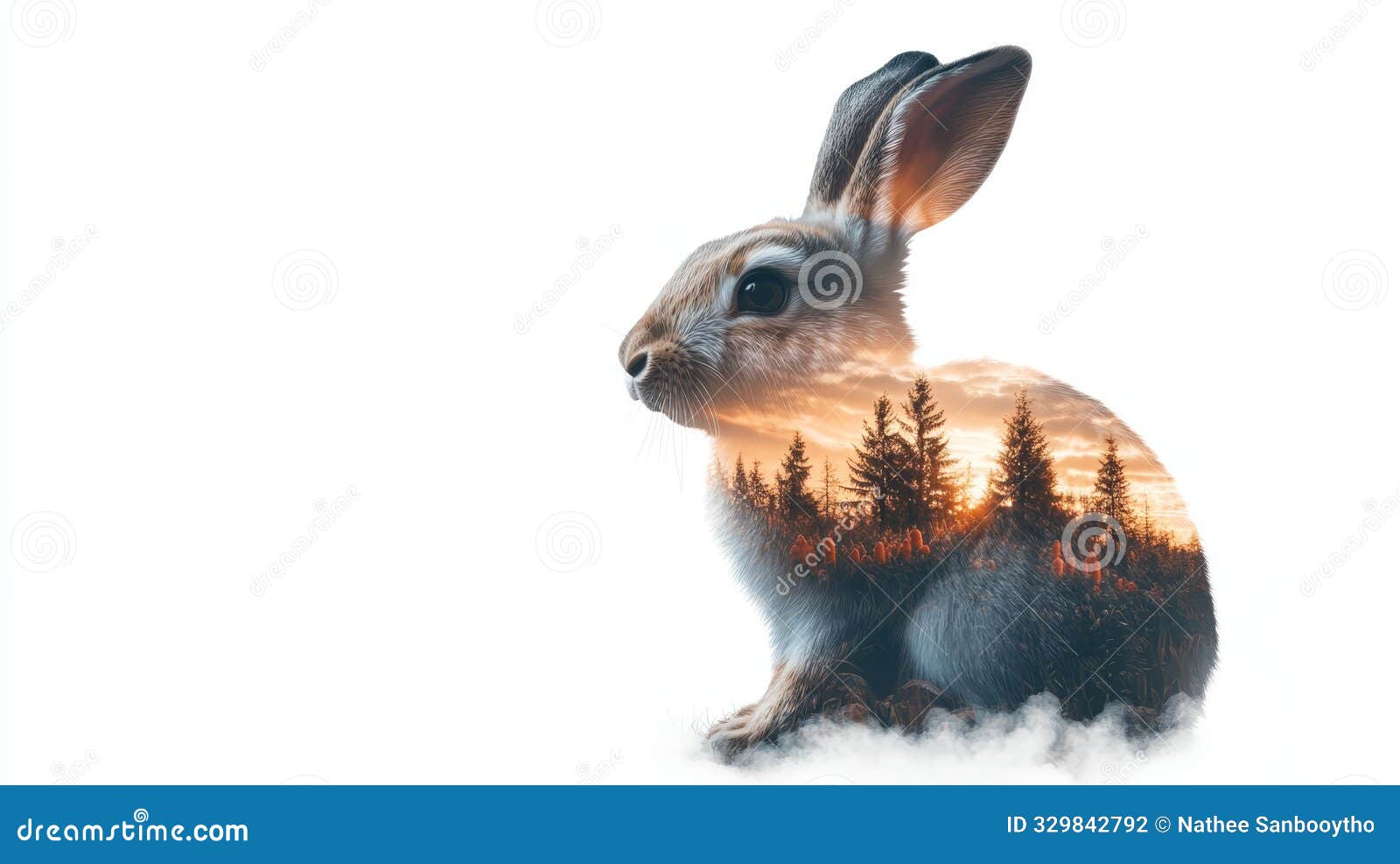 Rabbit Silhouette with Sunset Forest Double Exposure Stock Illustration ...