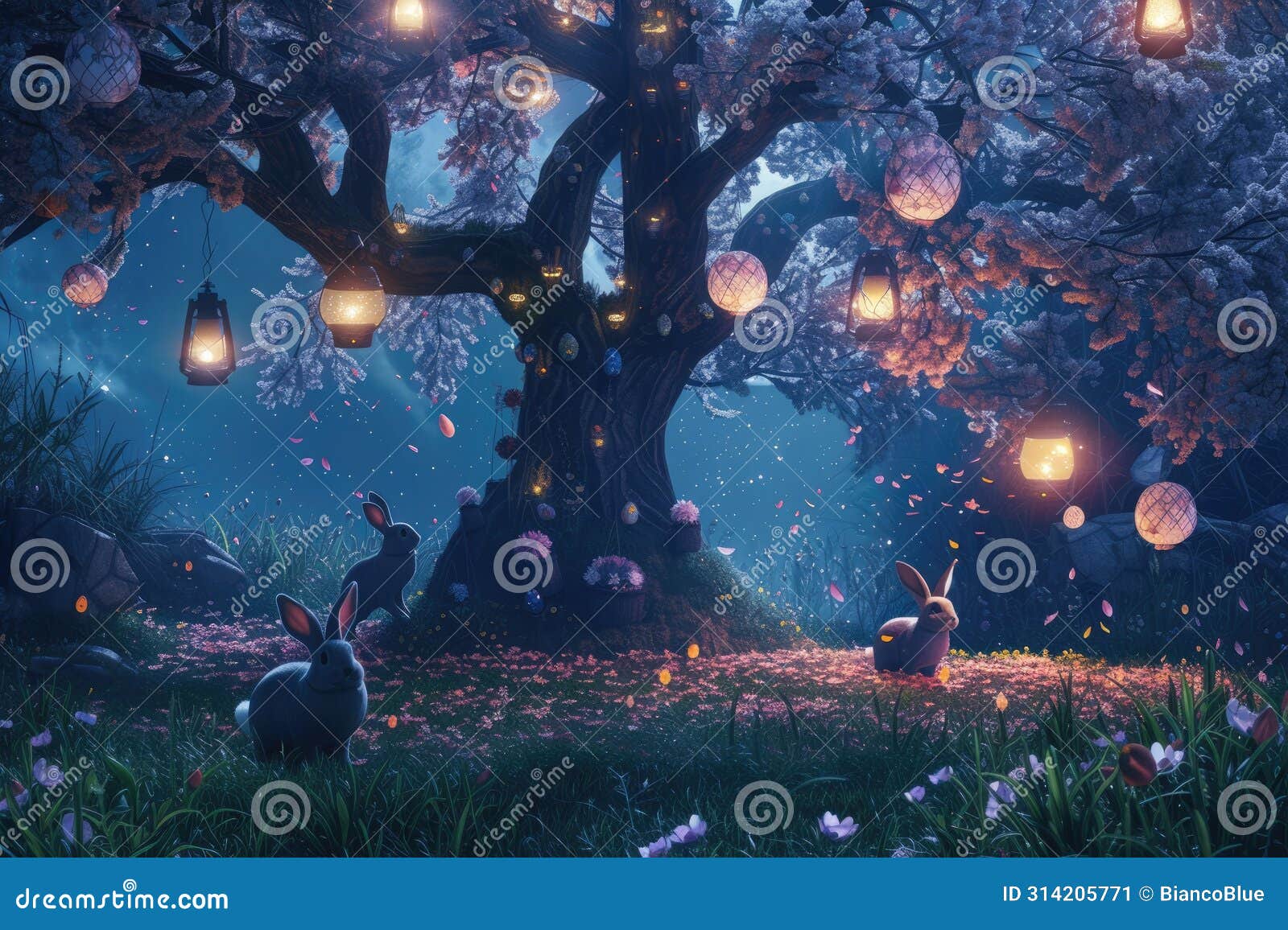 A Rabbit Sits Beneath a Cherry Blossom Tree in a Nocturnal Natural ...