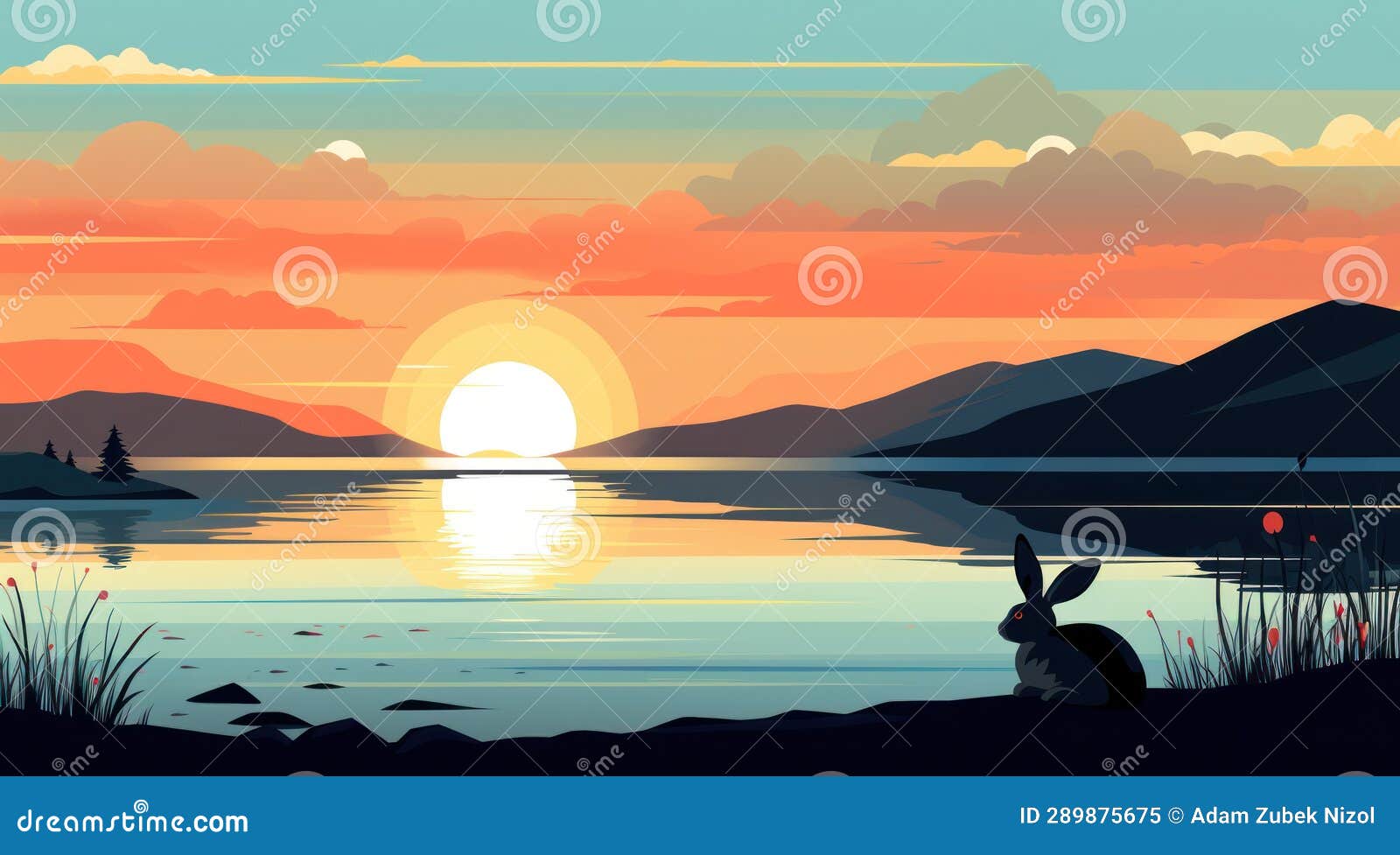 A Rabbit Sitting on the Beach at Sunset Stock Illustration ...