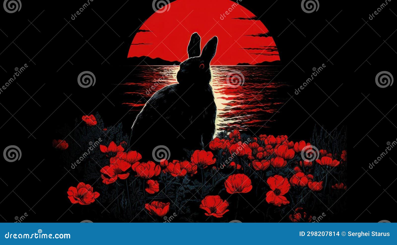 A Rabbit Sitting in Front of a Red Sunset, AI Stock Illustration ...