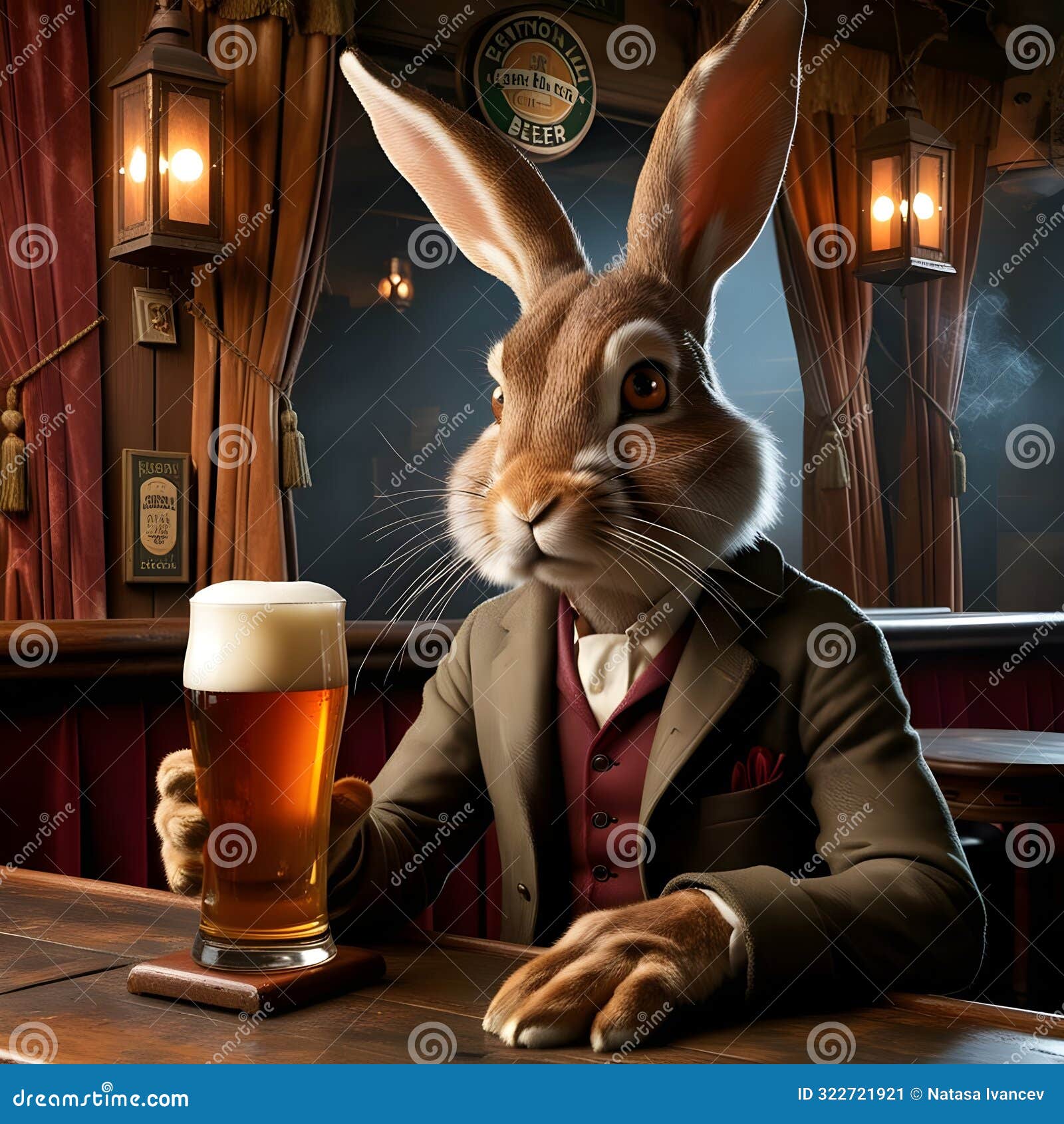 Rabbit Sitting in an Old Bar, Beer on Table Stock Illustration ...