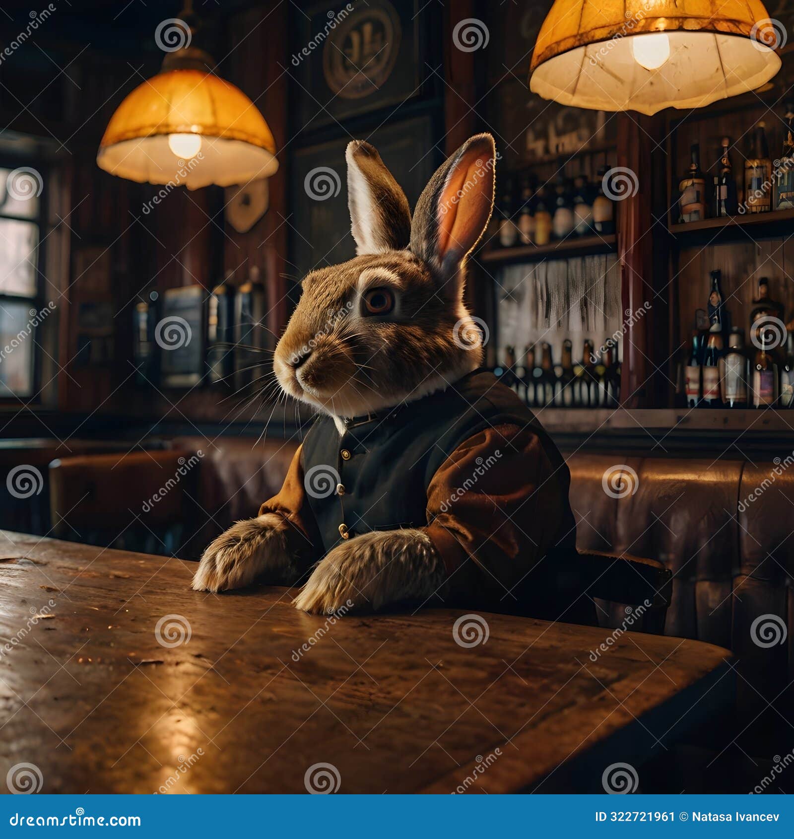 Rabbit Sitting in an Old Bar, Beer on Table Stock Illustration ...