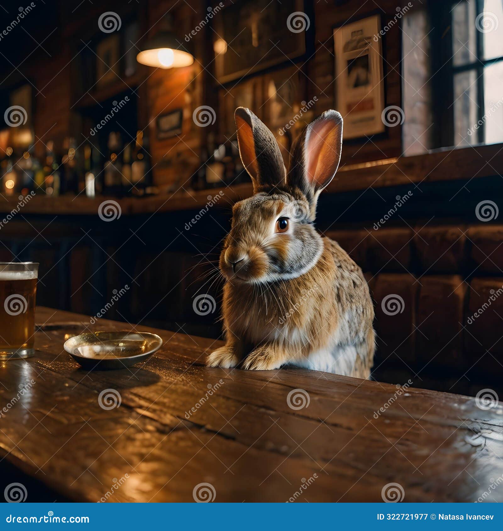 Rabbit Sitting in an Old Bar, Beer on Table Stock Illustration ...