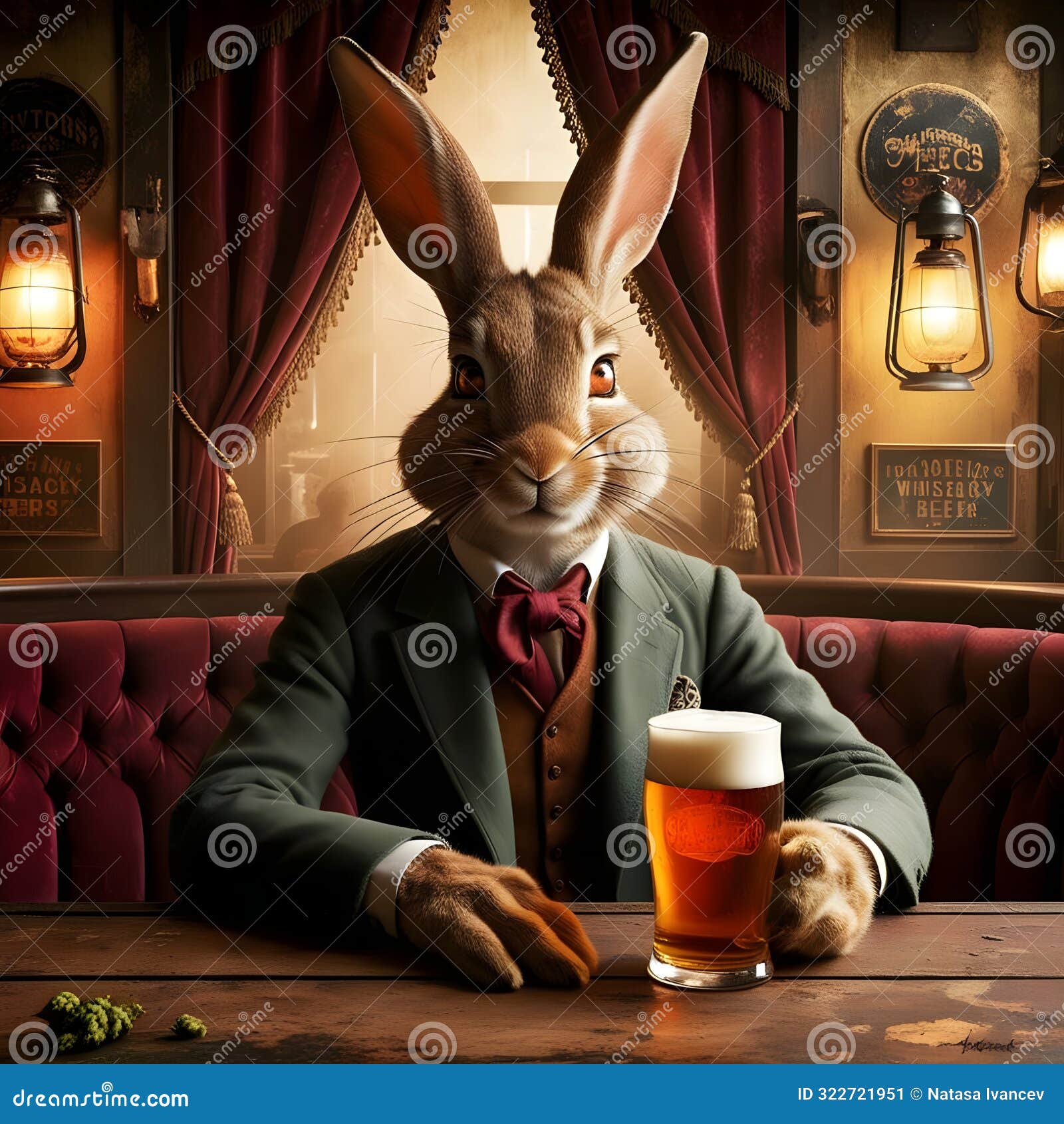 Rabbit Sitting in an Old Bar, Beer on Table Stock Illustration ...