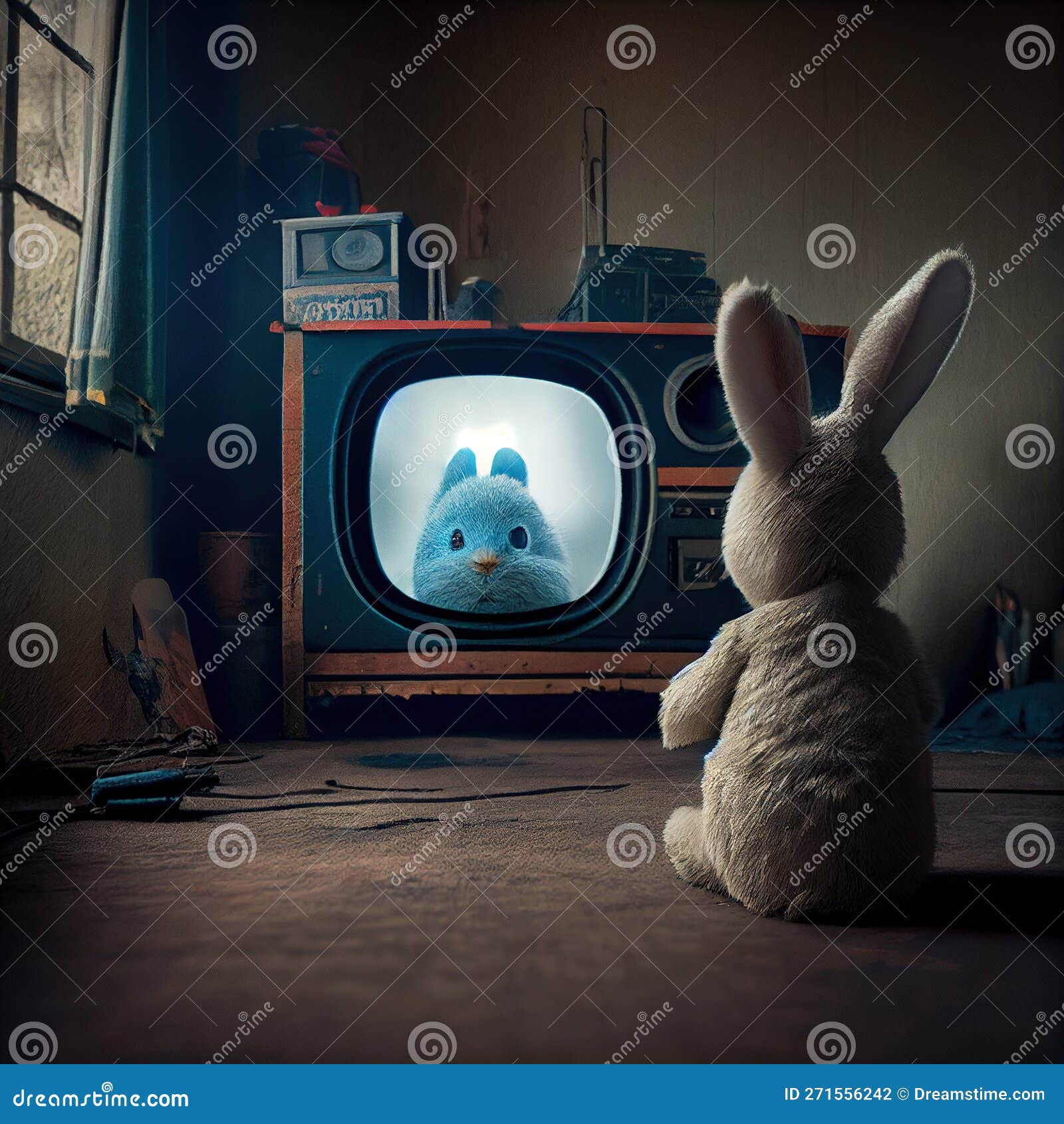 A Rabbit Sitting in a Room Looking at a Television Screen Stock ...