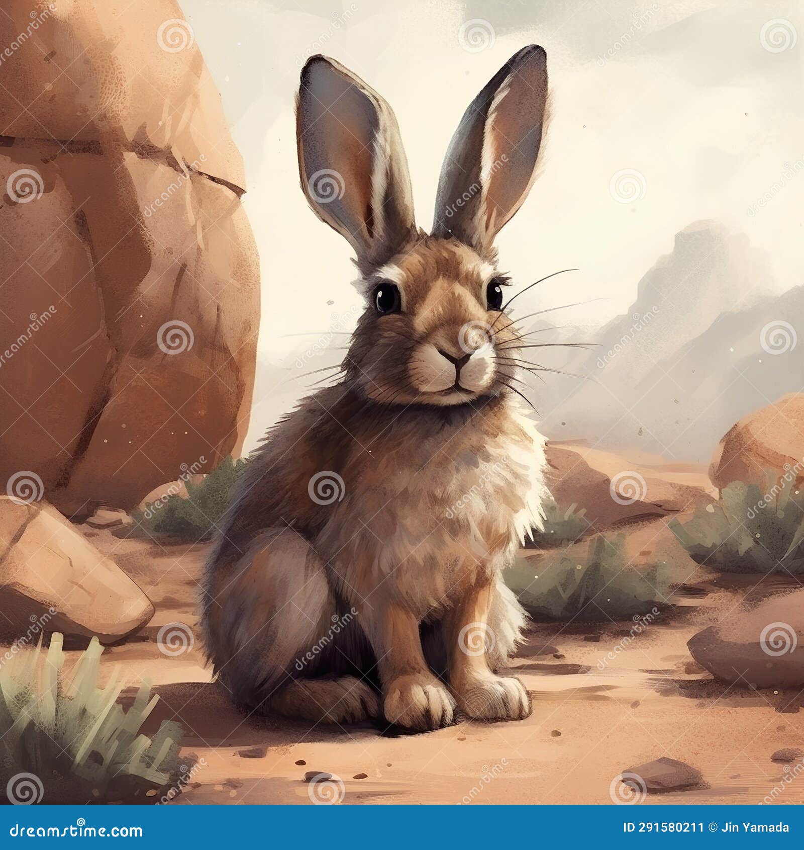 Rabbit Sitting on the Sand in the Desert. Digital Painting Stock ...