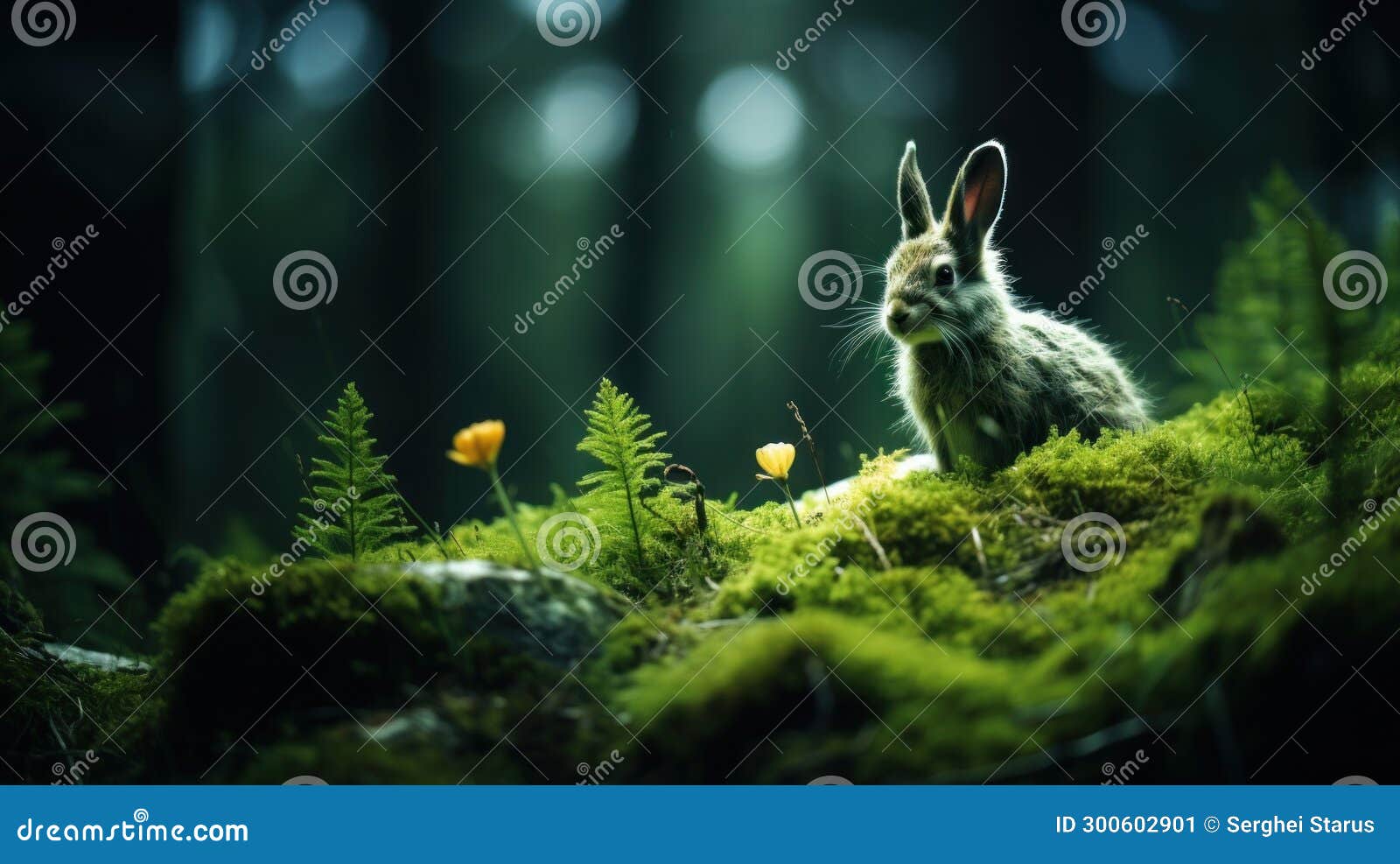 A Rabbit Sitting on Top of a Moss Covered Hill, AI Stock Image - Image ...