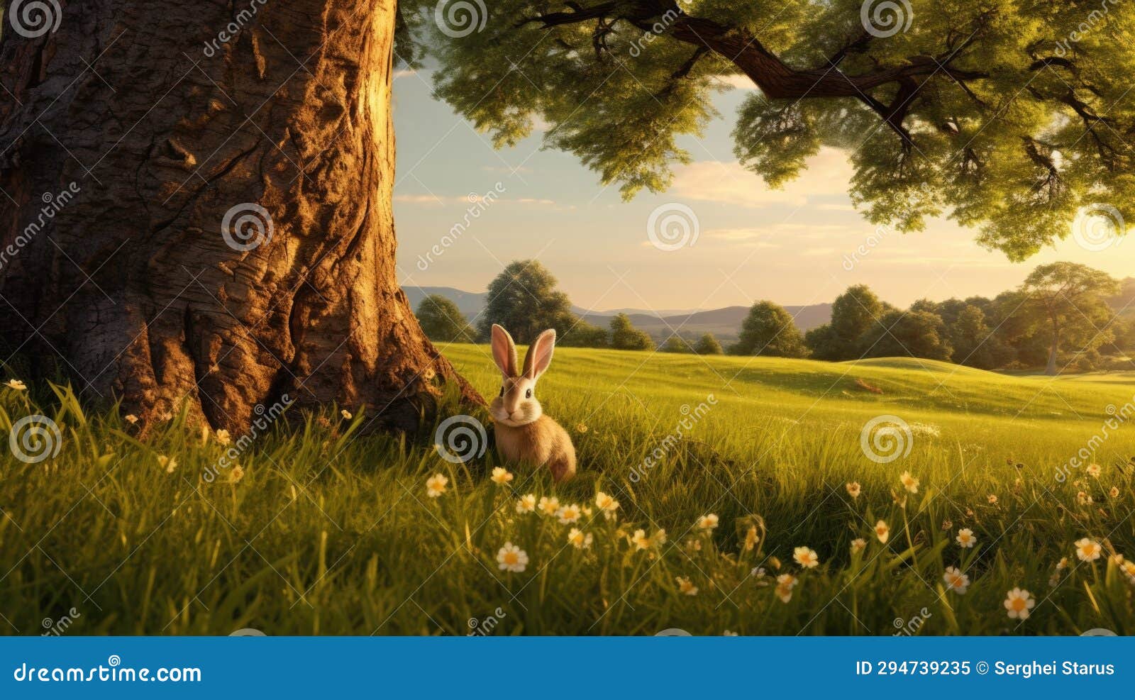 A Rabbit is Sitting Under a Tree in a Field, AI Stock Illustration ...