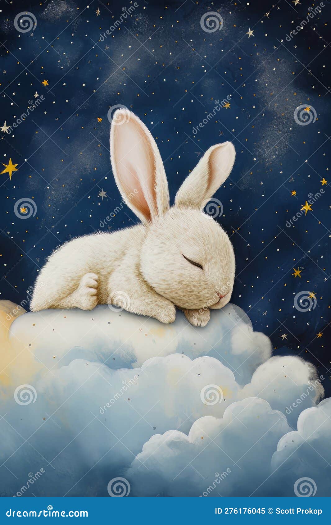 Rabbit Sleeping on a Cloud on a Starry Night Stock Image - Image of ...