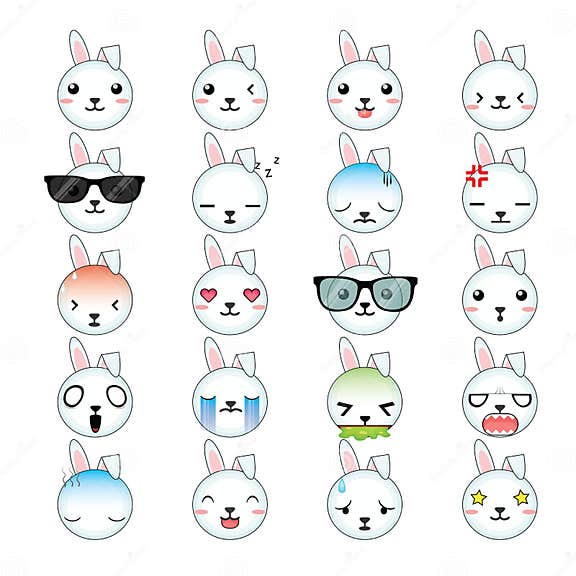 Rabbit Smiley Faces Icon Set. Stock Illustration - Illustration of ...