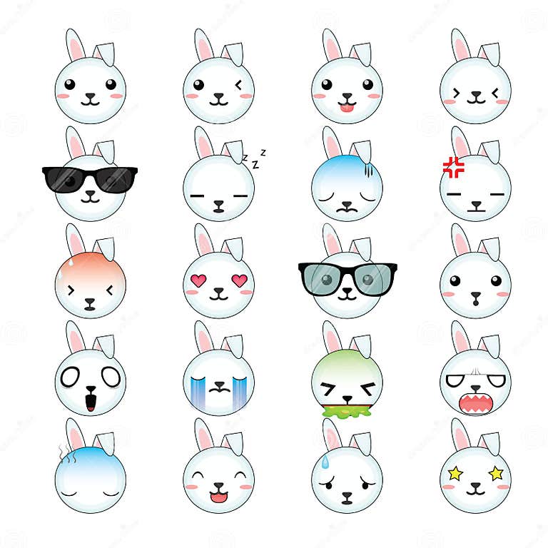 Rabbit Smiley Faces Icon Set. Stock Illustration - Illustration of ...