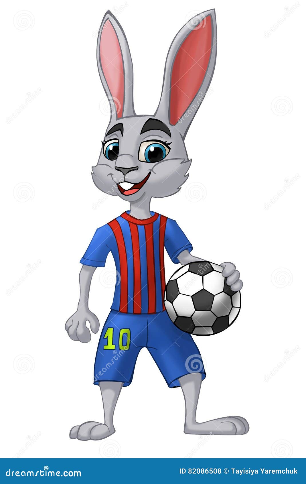 Rabbit Soccer Player with a Ball in Blue and Red Uniform Stock ...