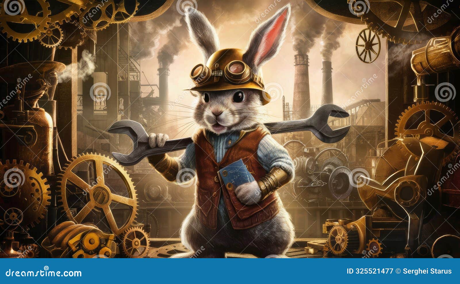 A Rabbit in a Steampunk Outfit Holding an Oversized Wrench, AI Stock ...