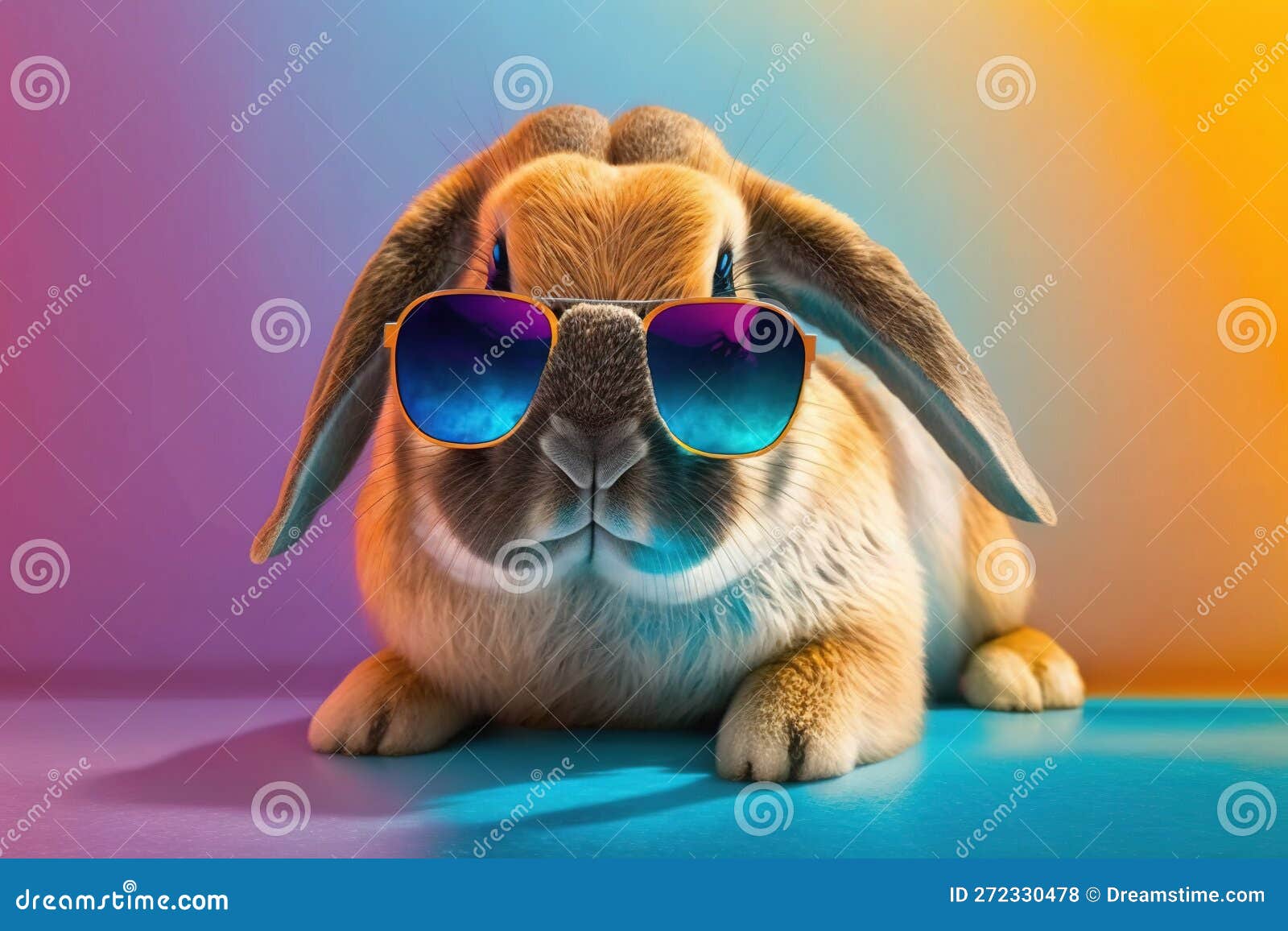 A Rabbit with Sunglasses on Its Head and a Rainbow Background Stock ...