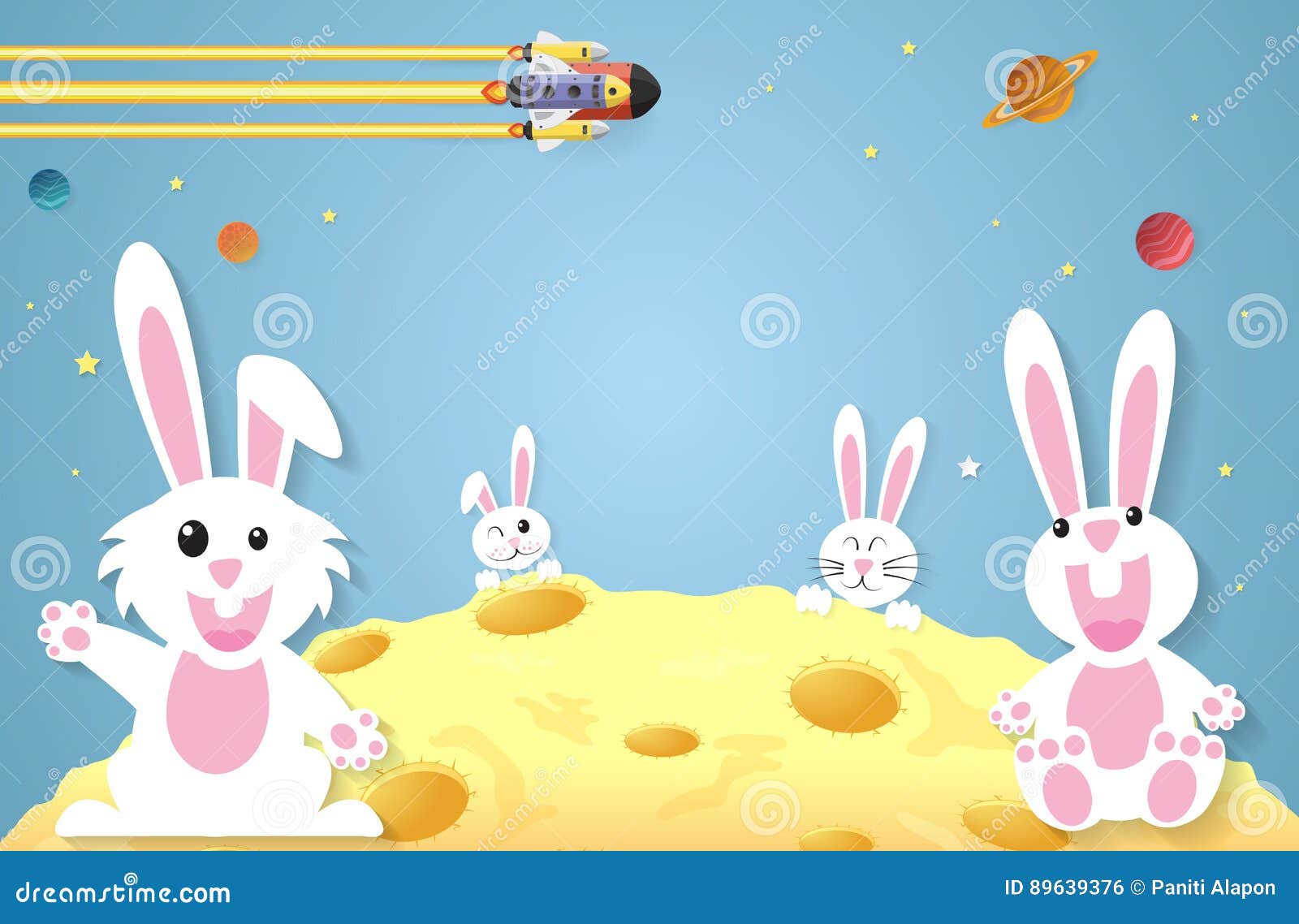 Rabbit on the Surface of the Full Moon,spaceship in Space Stock Vector ...