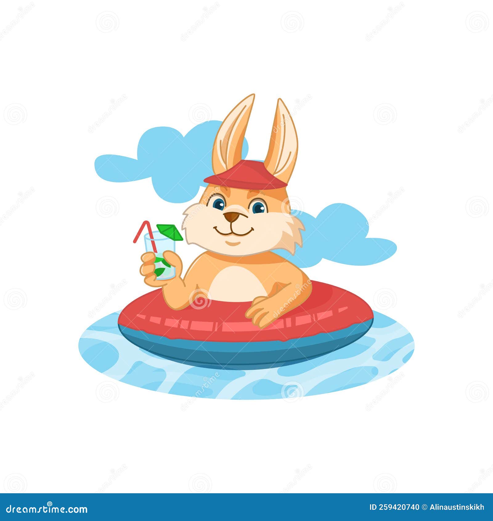 Rabbit Swimming with Inflatable Ring and Cocktail Stock Illustration ...